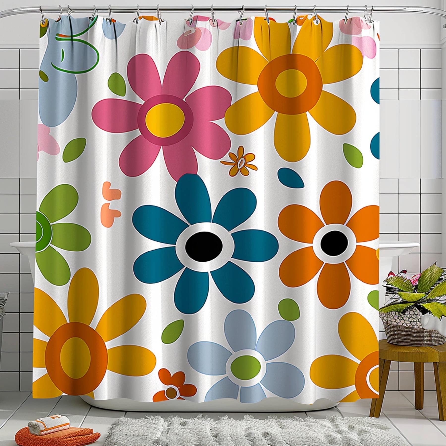 Boho Chic Floral Shower Curtain Retro Groovy Art Deco Style Colorful