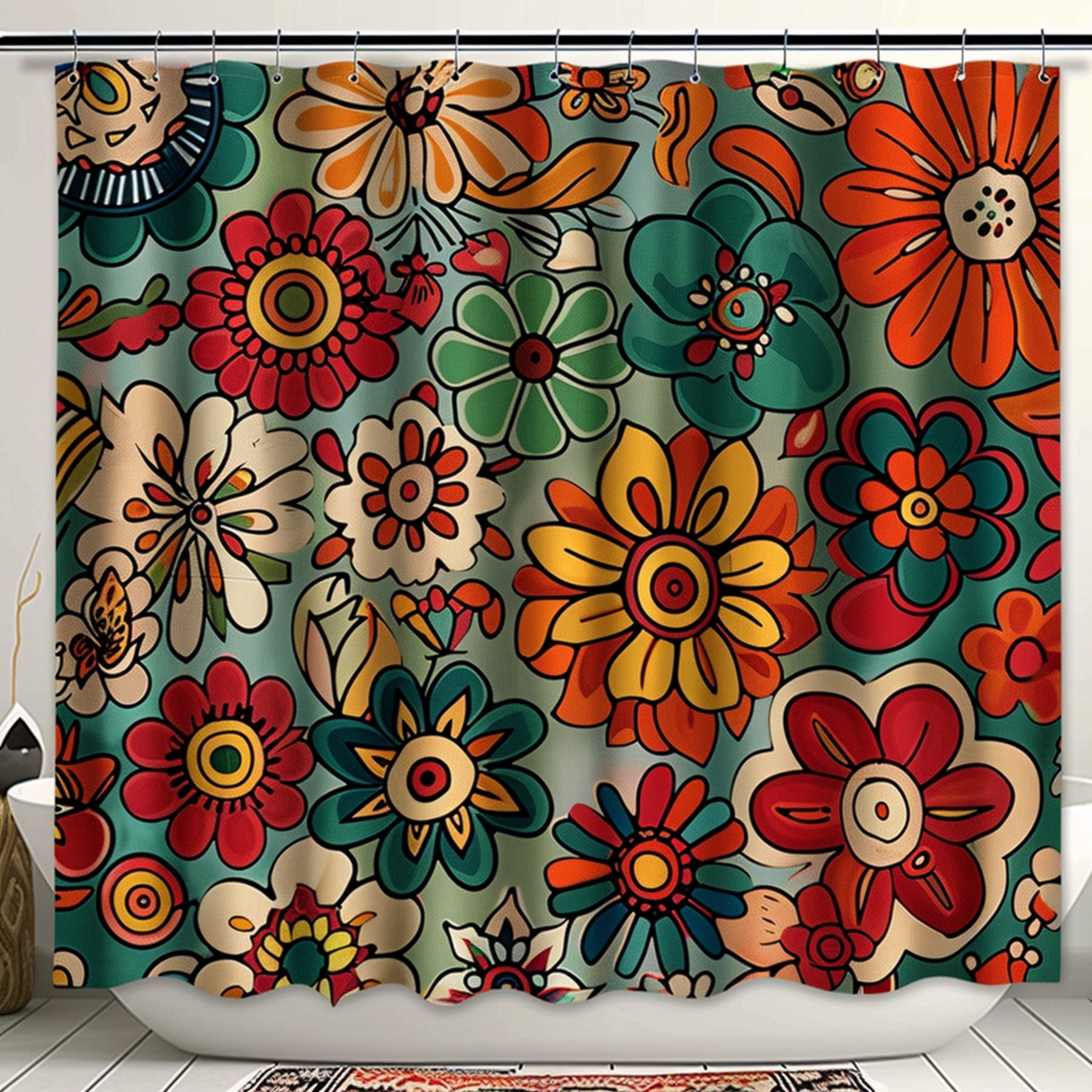Boho Chic Floral Shower Curtain Retro Hippie Style Bathroom Decor In