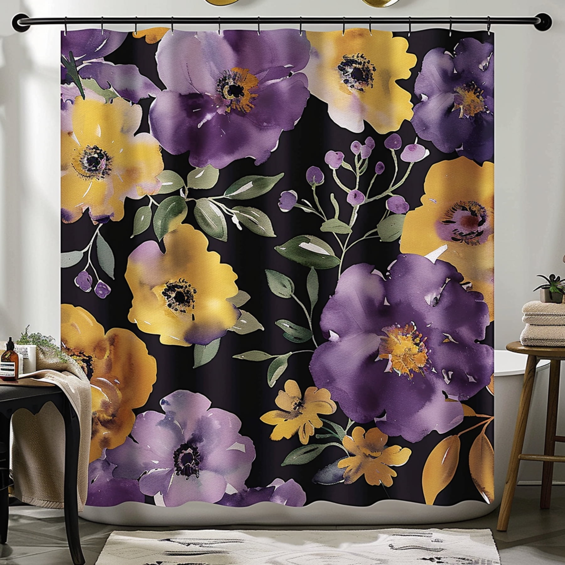 Boho Chic Floral Shower Curtain Set Purple Yellow Watercolor Flowers On