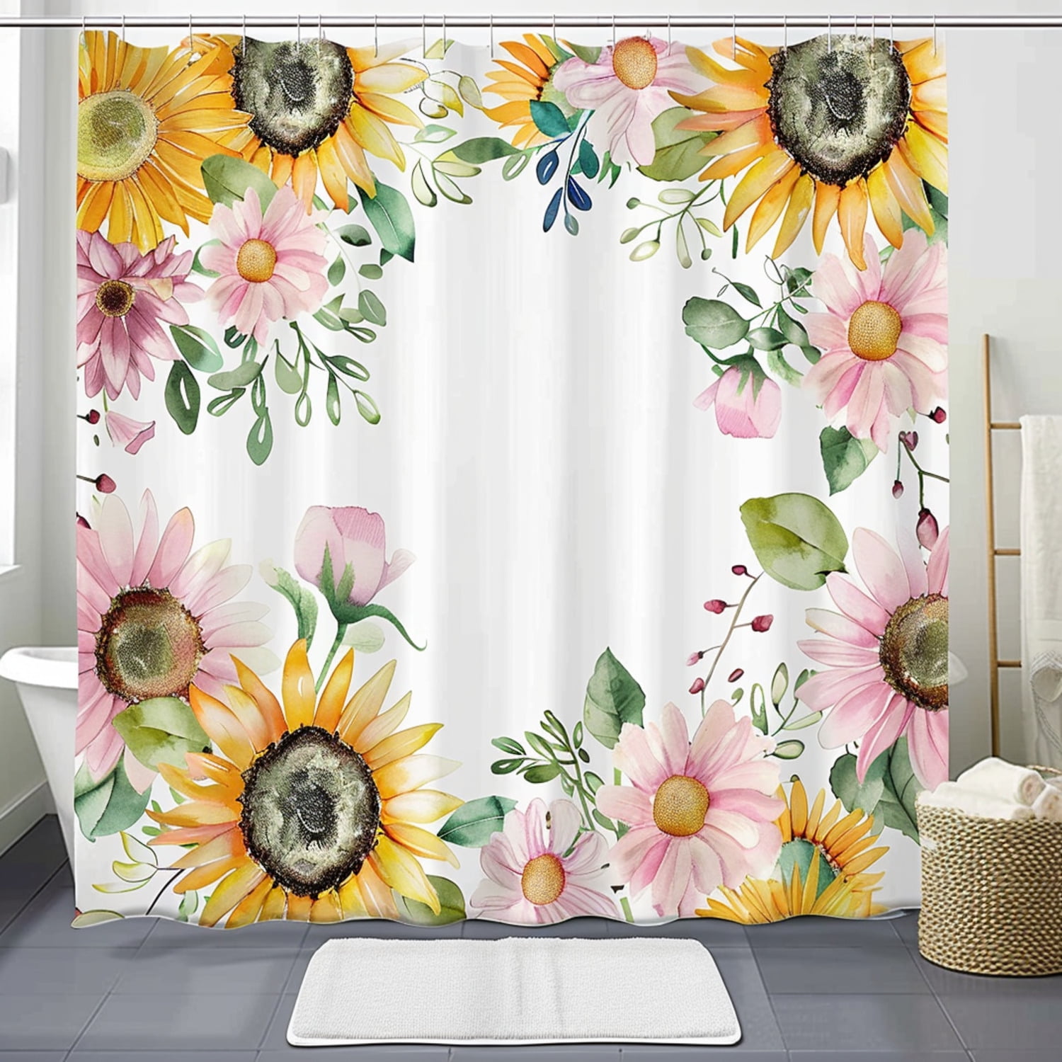 Boho Chic Floral Shower Curtain Set Sunflowers And Pink Flowers Pastel