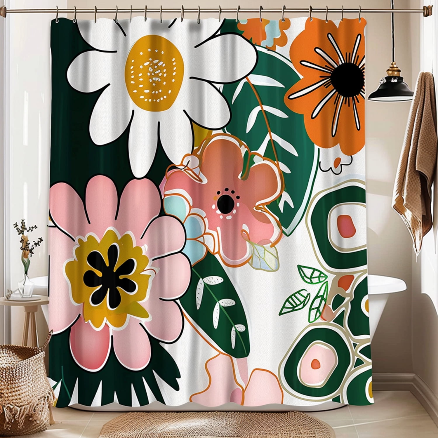 Boho Chic Floral Shower Curtain Stylish Retro Vintage Bathroom Decor In