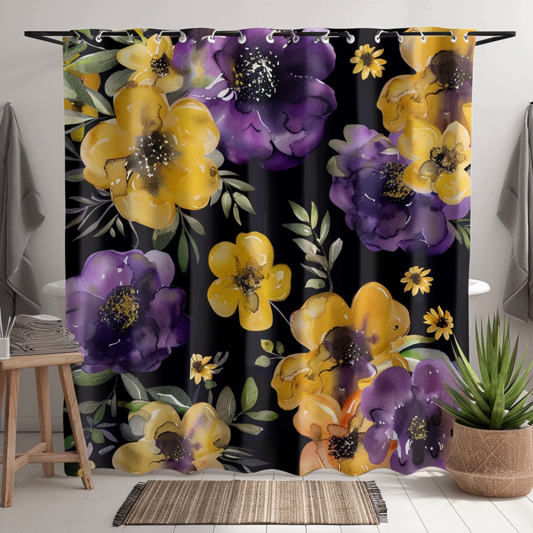Boho Chic Floral Shower Curtain Vibrant Watercolor Flowers On Dark