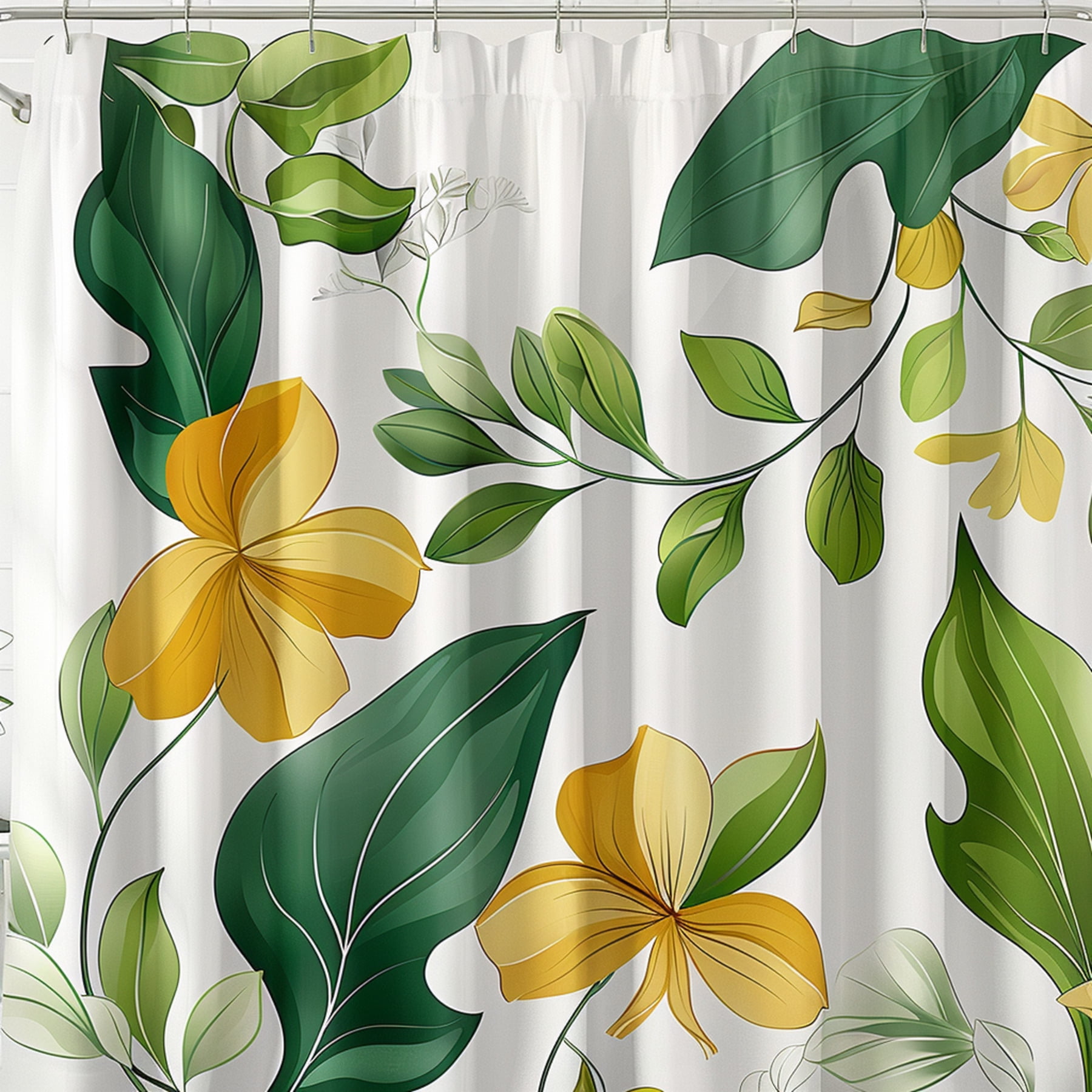 Boho Chic Floral Shower Curtain White Green Yellow Design Illustration