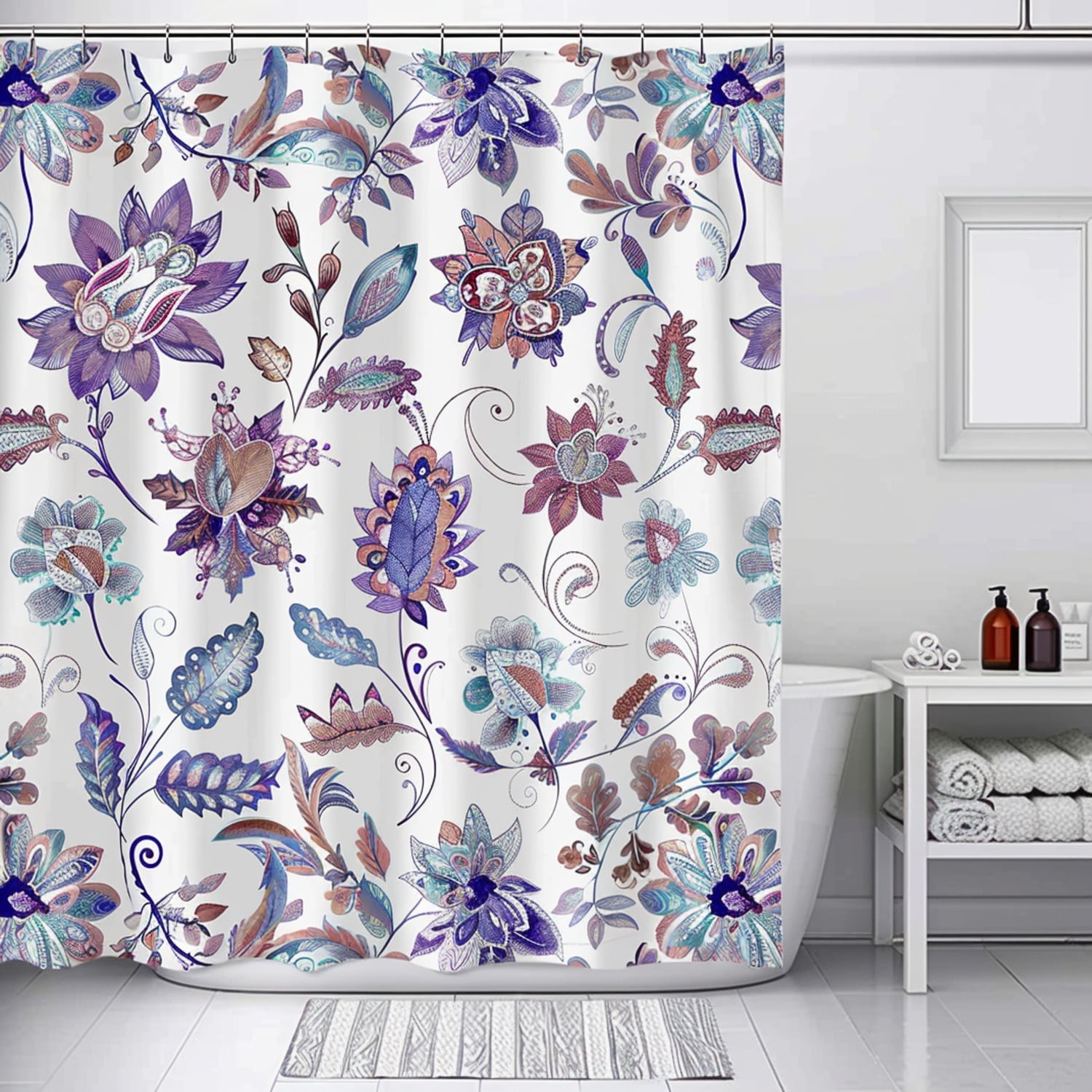 Boho Chic Floral Shower Curtain In Blue Purple And Brown Pastel Tones