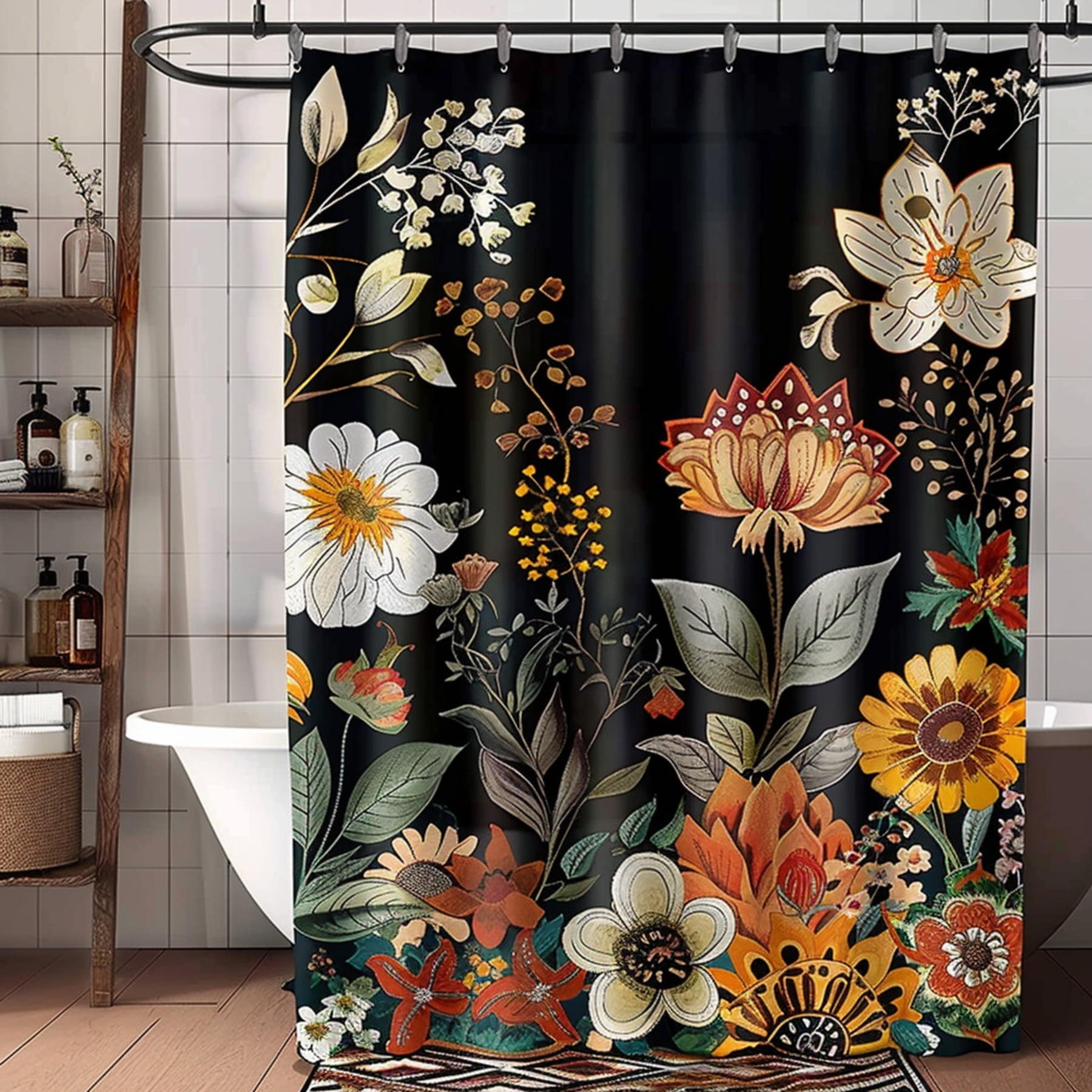 Boho Chic Floral Shower Curtain With Vintage Curtain Overlay Elegant