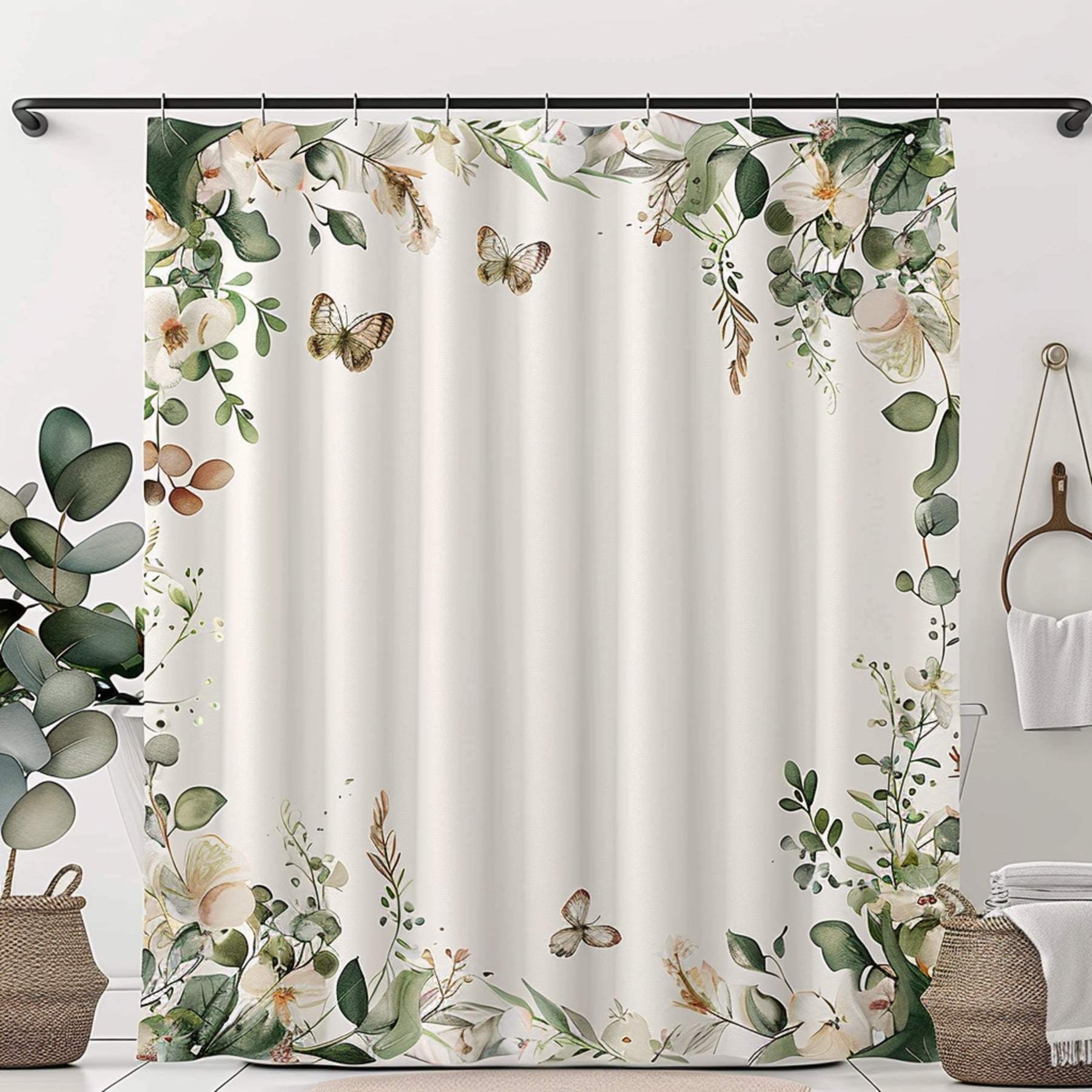 Boho Chic Floral Shower Curtain With Watercolor Eucalyptus And Olive