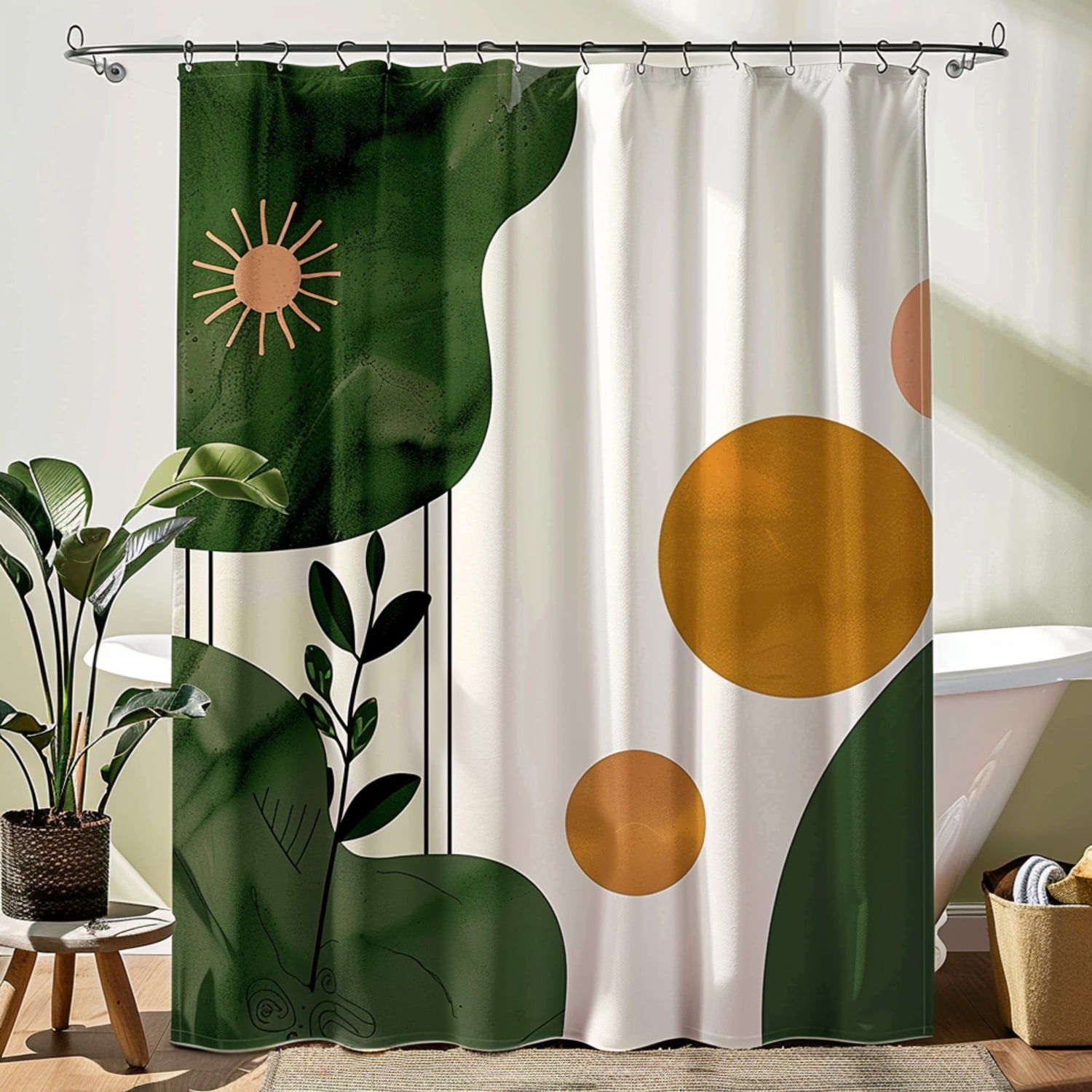 Boho Chic Green And White Geometric Shower Curtain Modern Design With