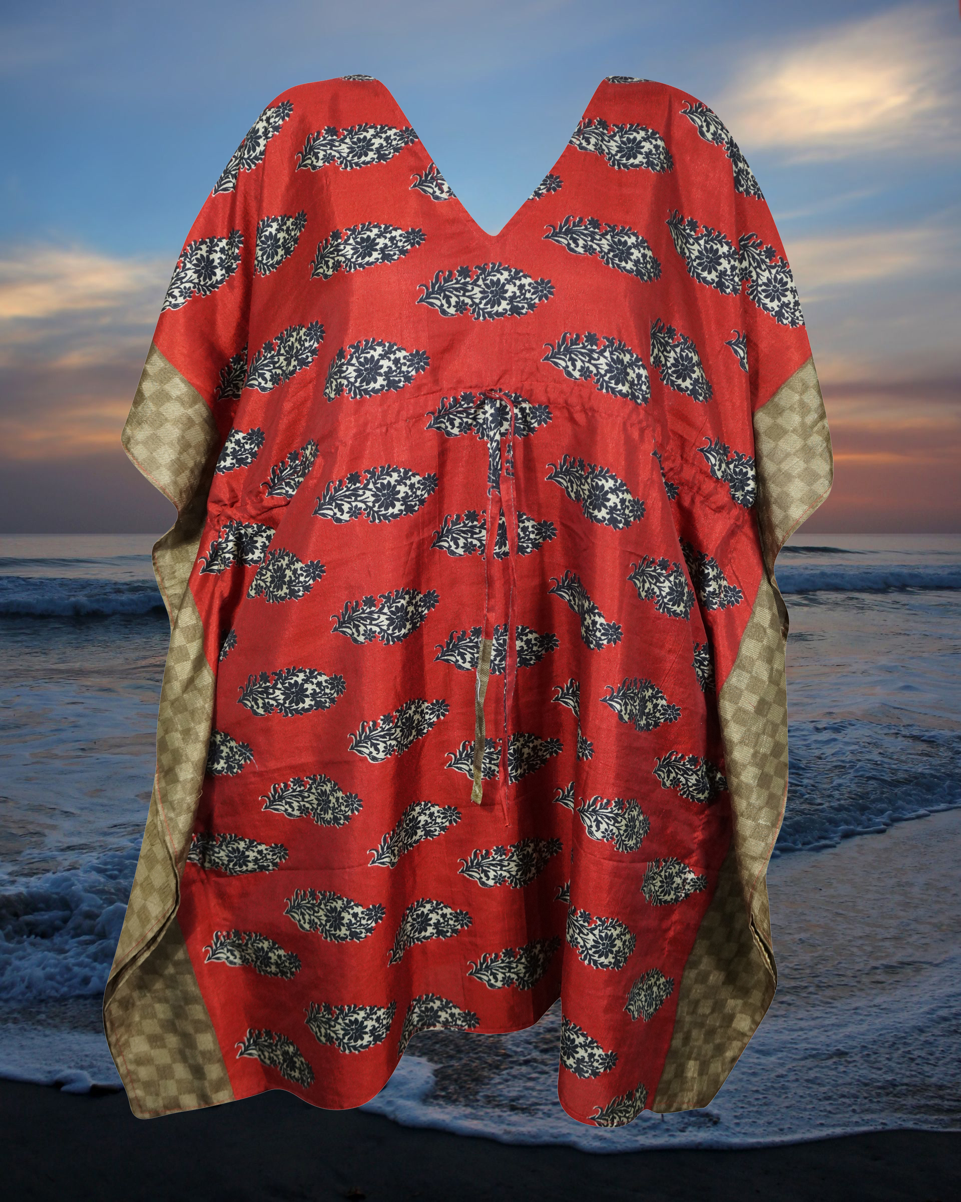 Boho Chic Kaftan, Red, Floral Caftan, Recycle silk, Lounge Wear ...