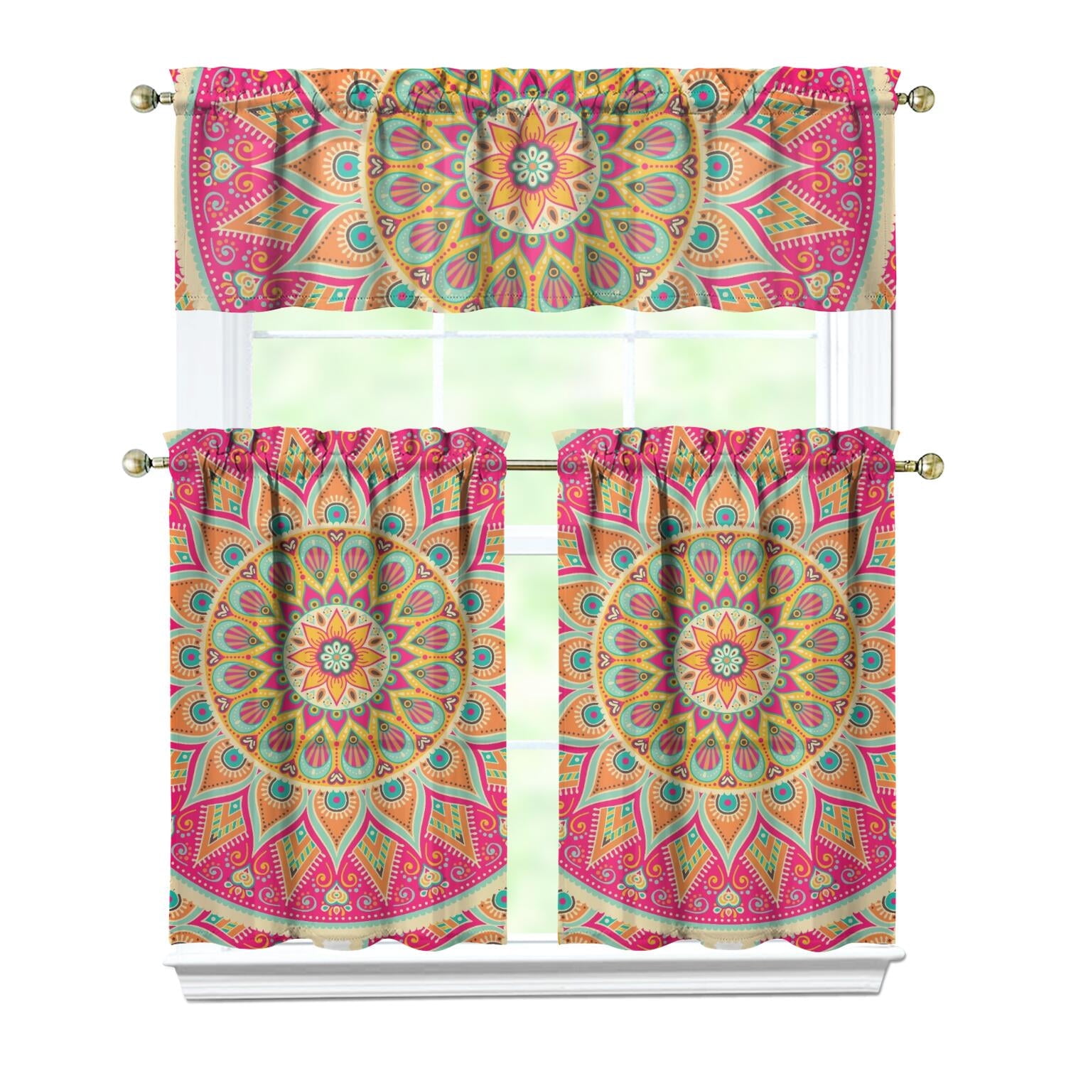 Boho Chic Mandala Kitchen Curtains 3-Piece Set - Folk Style Geometric ...