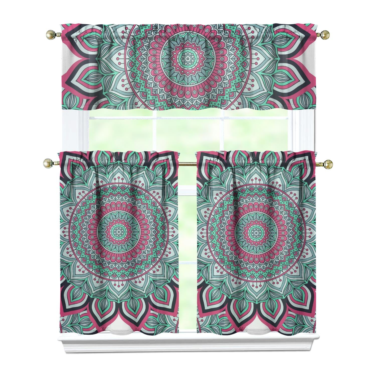 Boho Chic Mandala Kitchen Curtains 3-Piece Set - Tribal Folk Style Semi ...