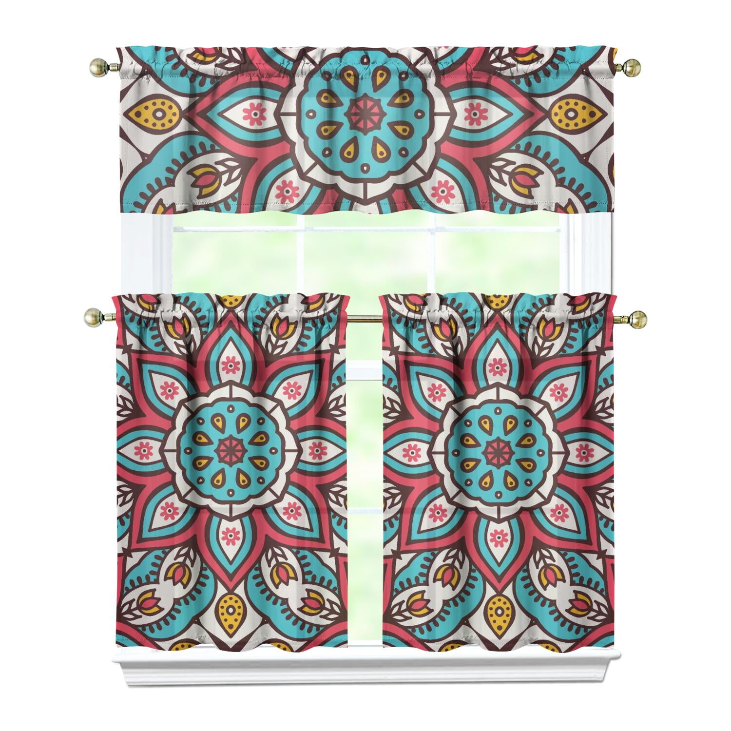 Boho Chic Mandala Kitchen Curtains 3-Piece Set - Tribal Folk Style Semi ...