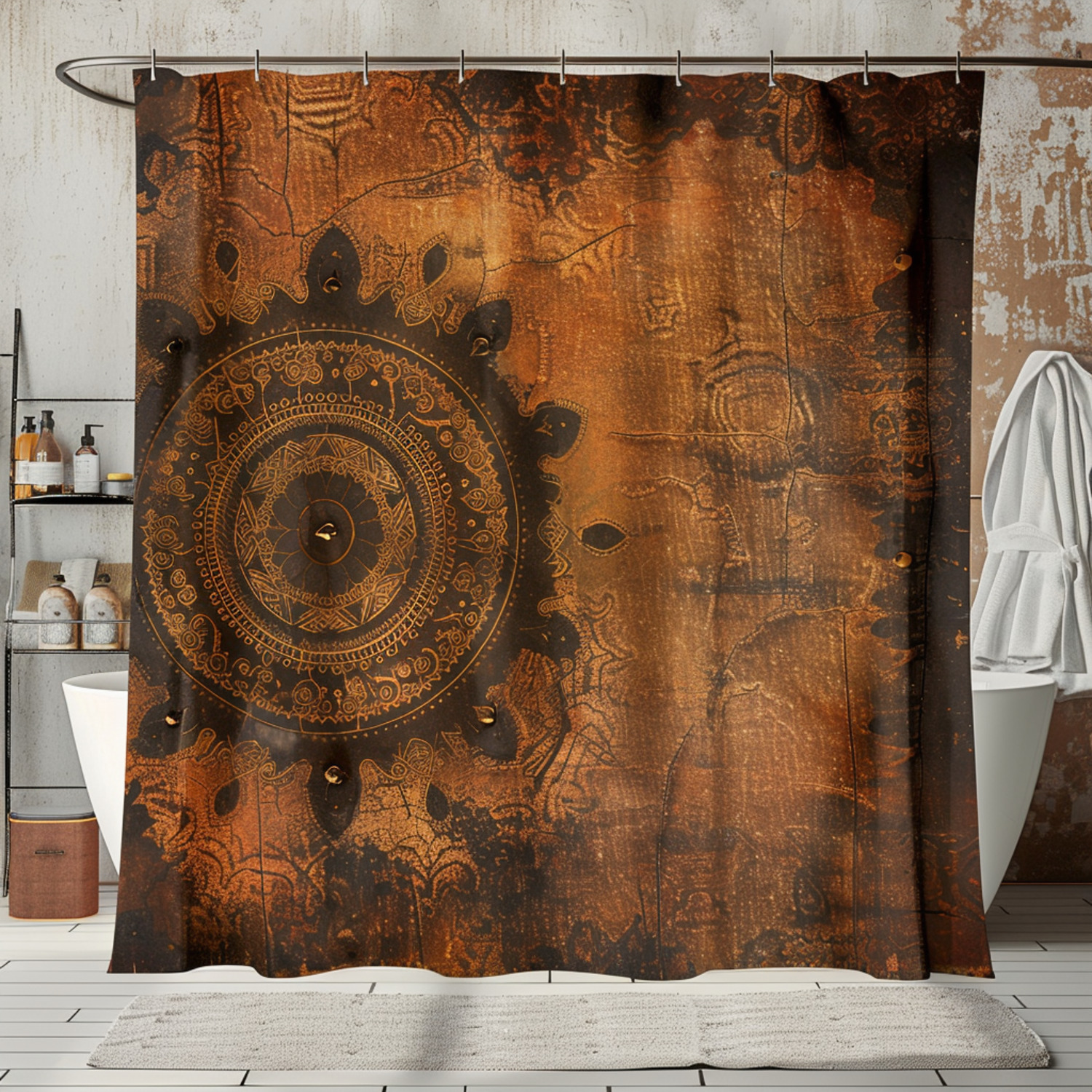 Boho Chic Mandala Pattern Shower Curtain Vintage Leather Texture Rustic