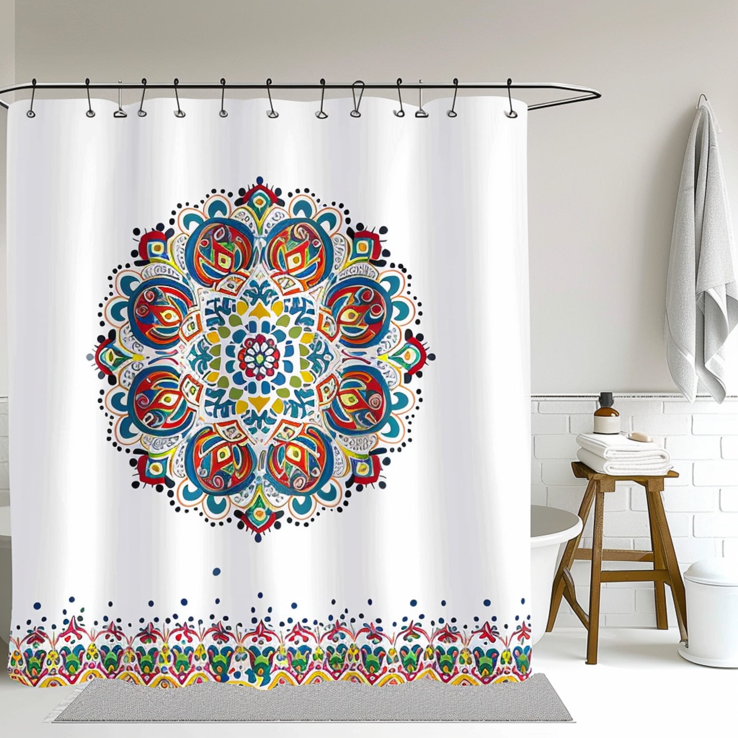 Boho Chic Mandala Shower Curtain Ethnic Style Border Bright Colors