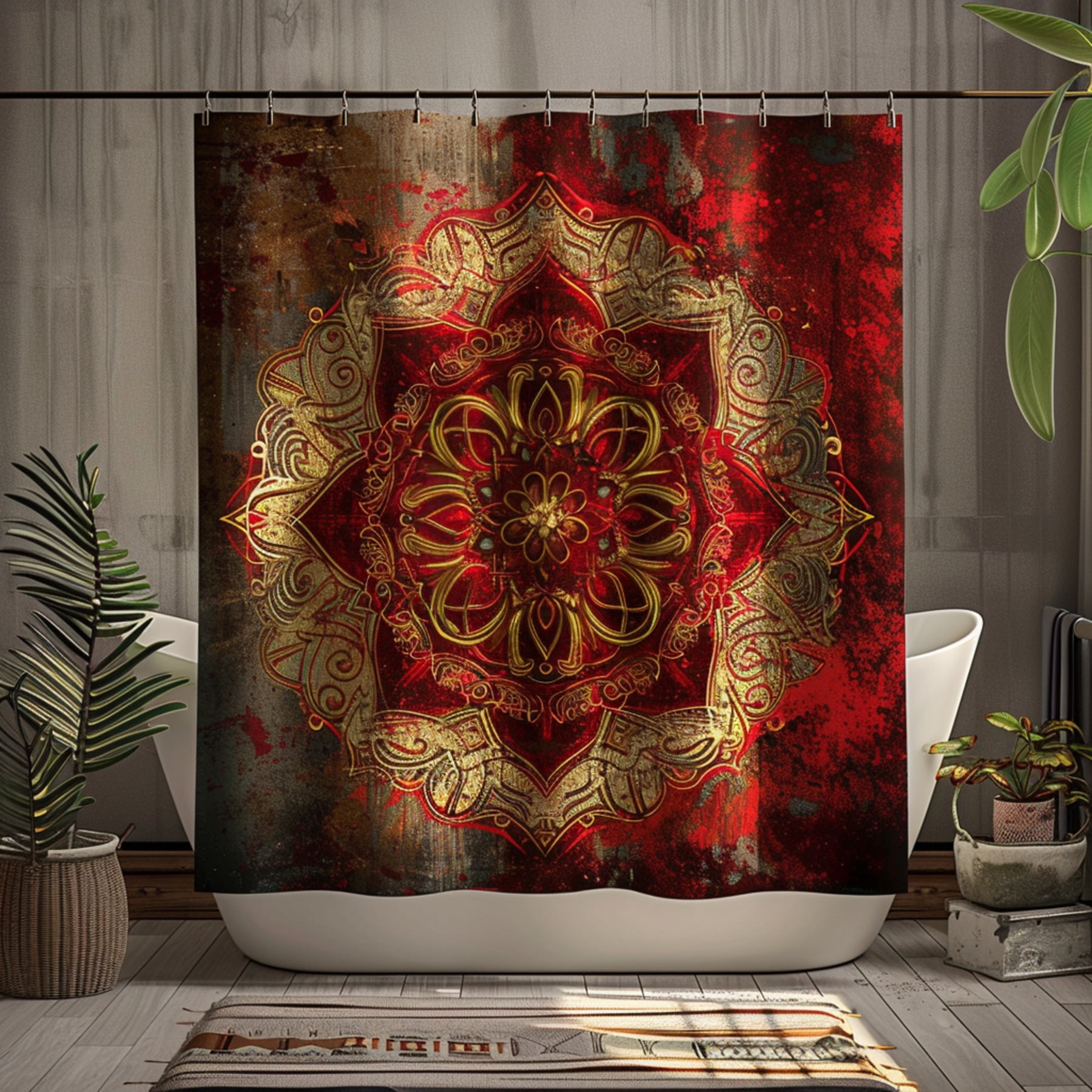 Boho Chic Mandala Shower Curtain Red And Gold Design On Rustic Metal