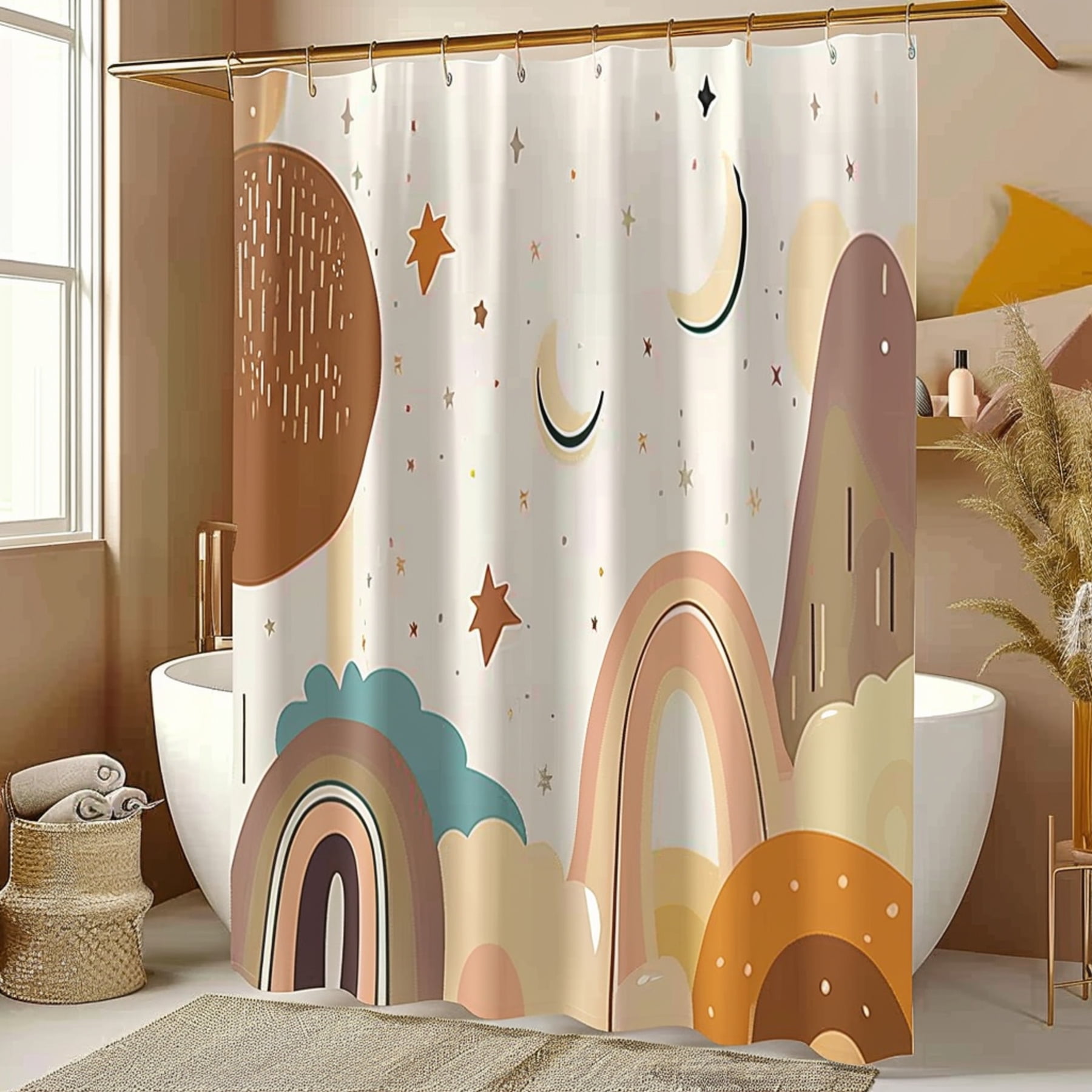Boho Chic Moonlit Landscape Shower Curtain Modern Geometric Design In