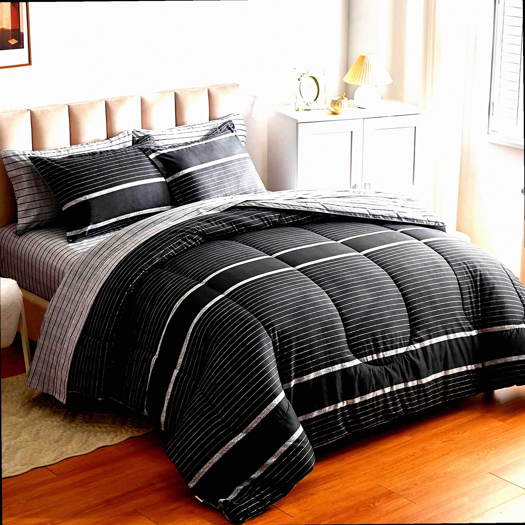 Ombre Stripe Boho Chic 6-Piece Twin Bedding Set - White & Black Gray Comforter Sheet Set ...