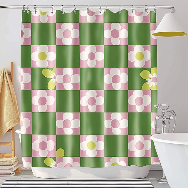 Boho Chic Pink Green And White Checkered Flowers Shower Curtain Retro