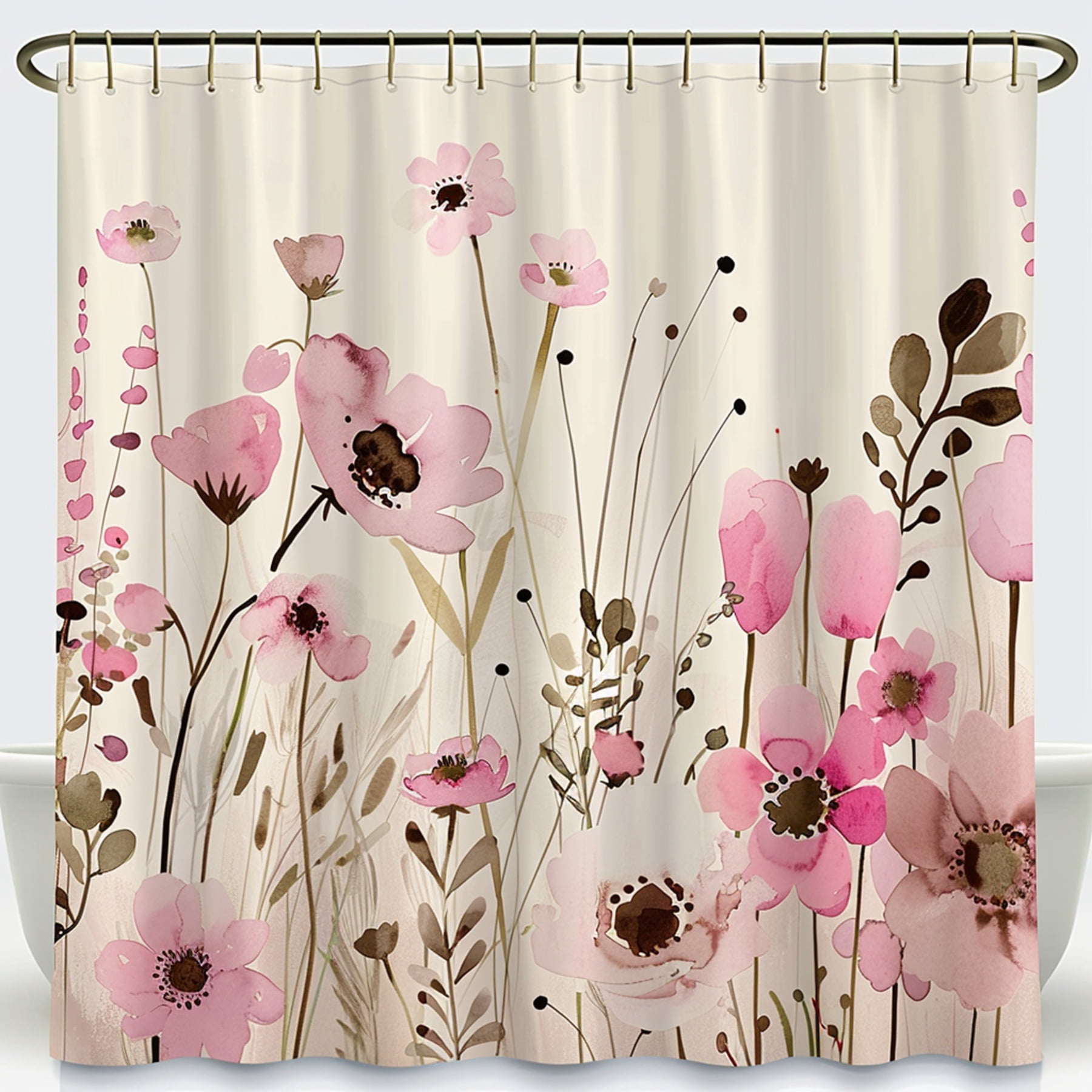 Boho Chic Pink Wildflower Shower Curtain Watercolor Floral Art Grommet