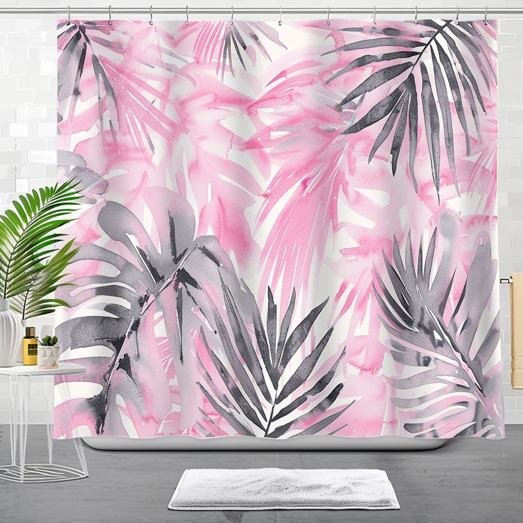 Boho Chic Pink and Grey Palm Leaves Bathroom Set Watercolor Texture ...