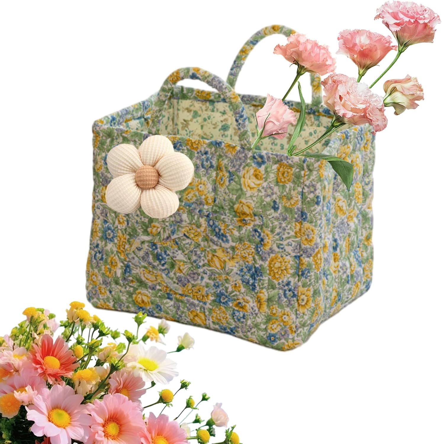 Boho-Chic Quilted Floral Storage Basket, Soft Fabric Laundry Basket ...