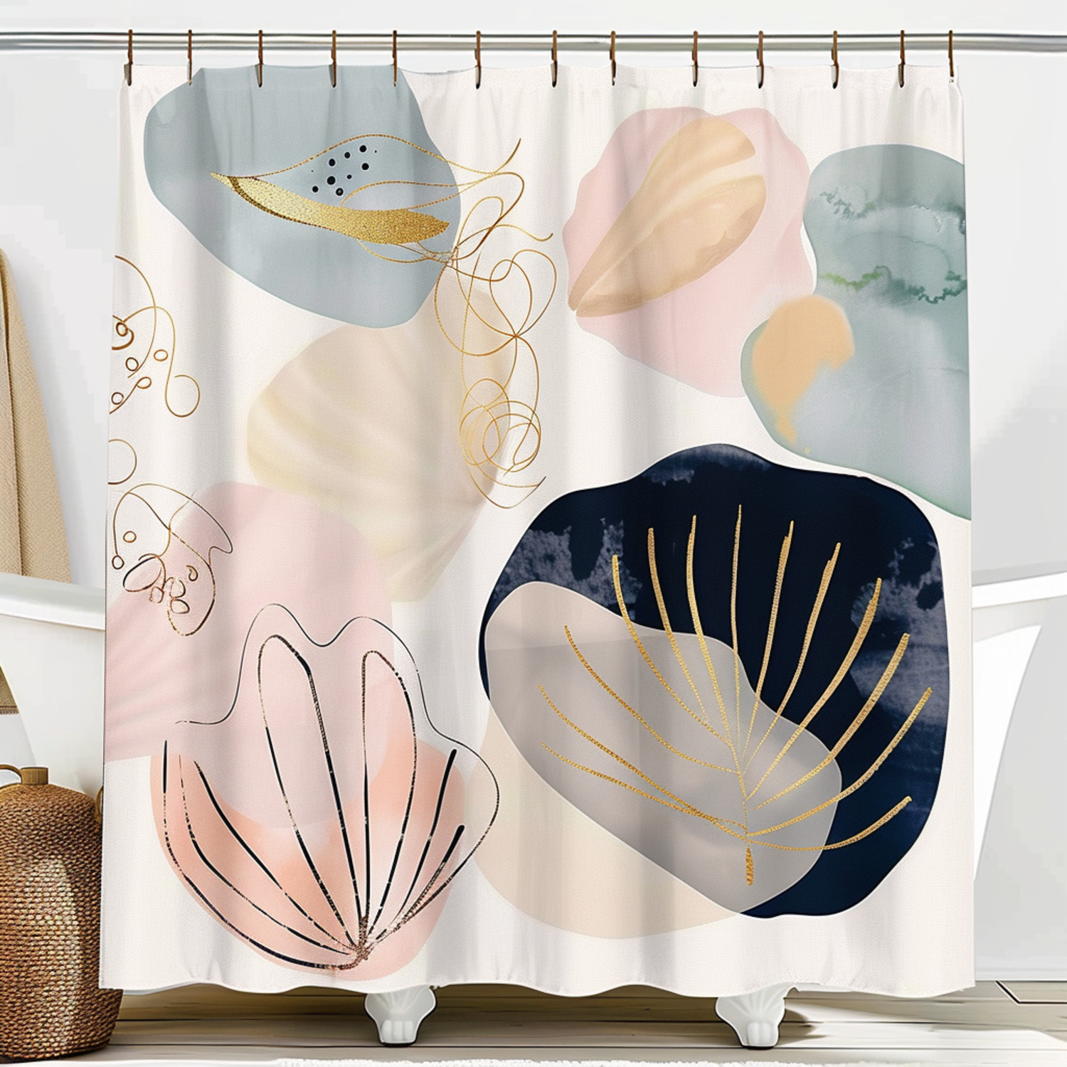 Boho Chic Sea Shell Shower Curtain in Pastel Pink and Navy Blue with ...