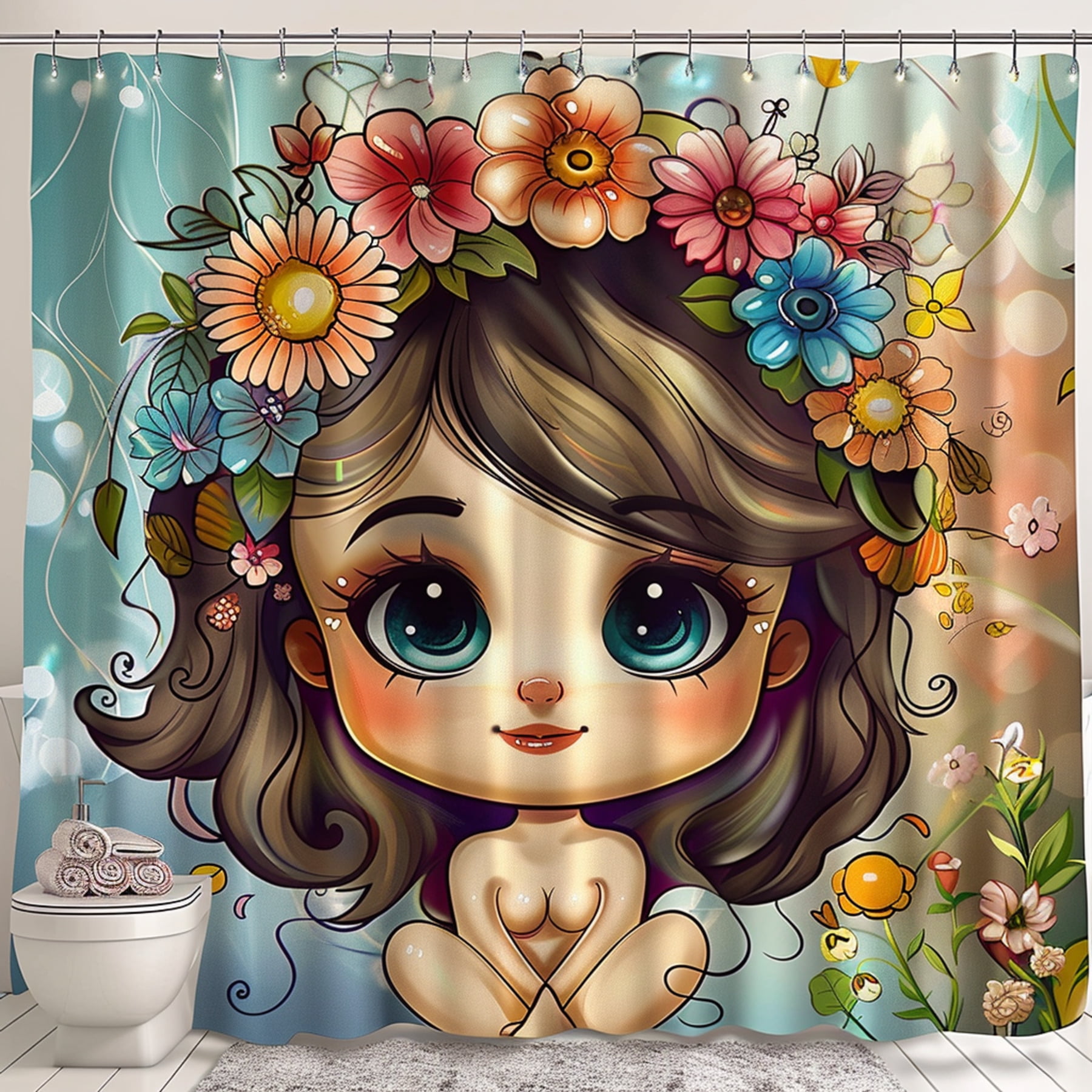 Boho Chic Shower Curtain with Chibi Cute Girl and Flower Design High ...