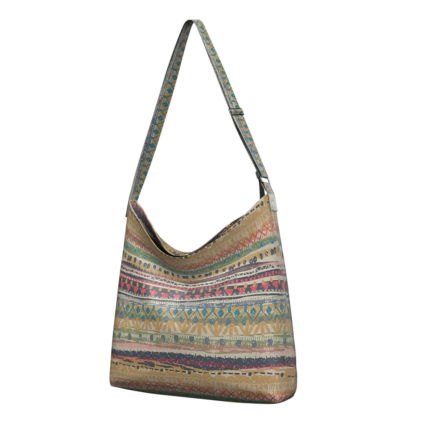 Boho Chic Vintage Fashion Crossbody Bag - Abstract Geometric Shoulder Tote, Multi-Pocket ...