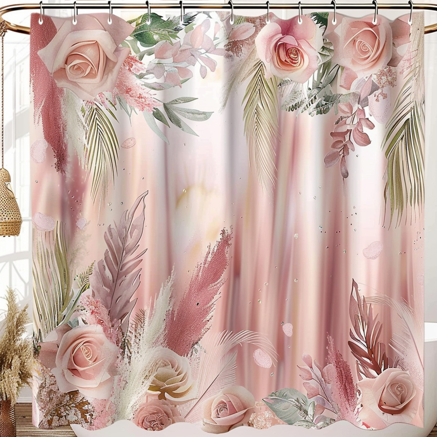 Boho Chic Watercolor Shower Curtain Pink Pastel Pampas Grass Roses Palm