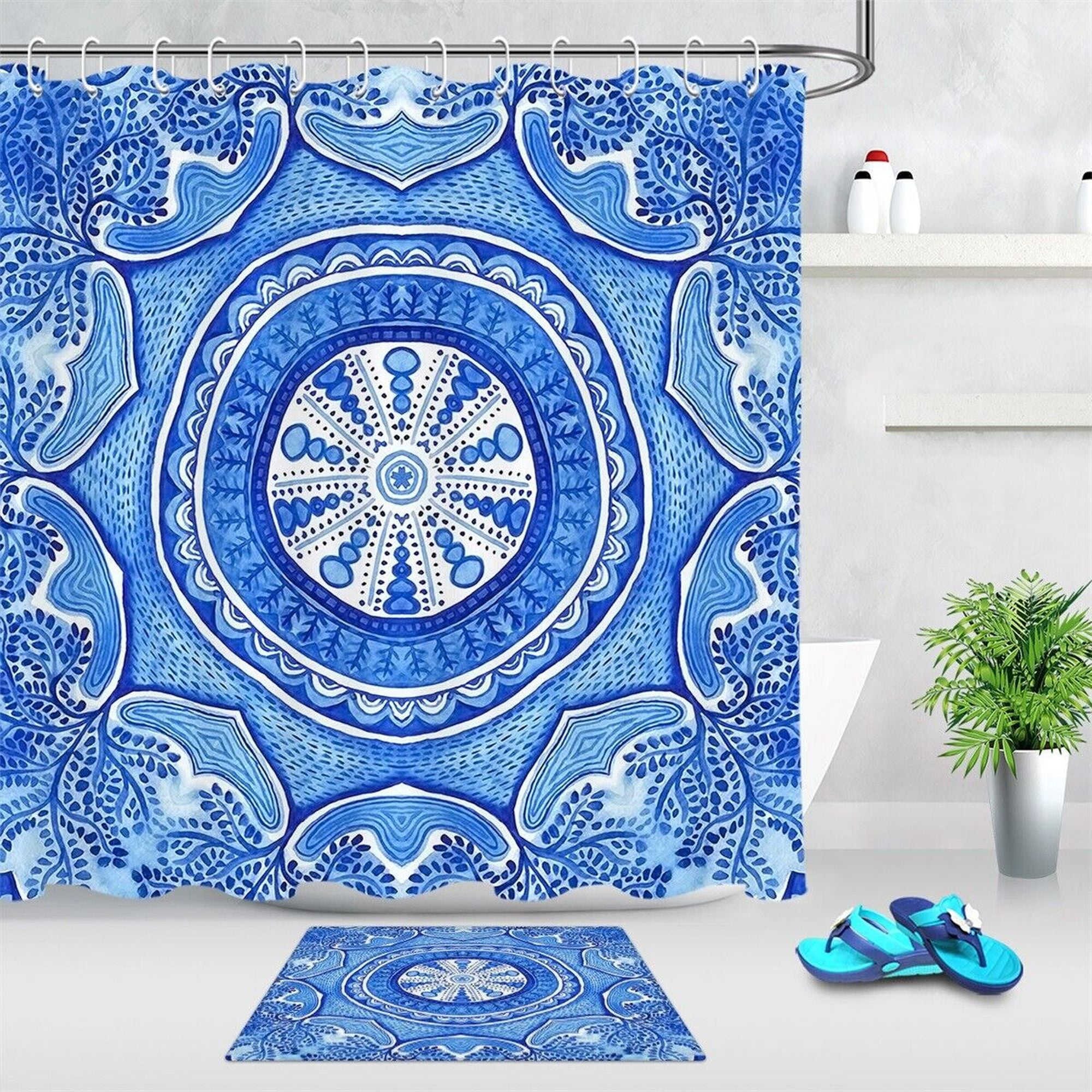 Boho Chic Watercolor Shower Curtain Set With Exotic Mandala Flower