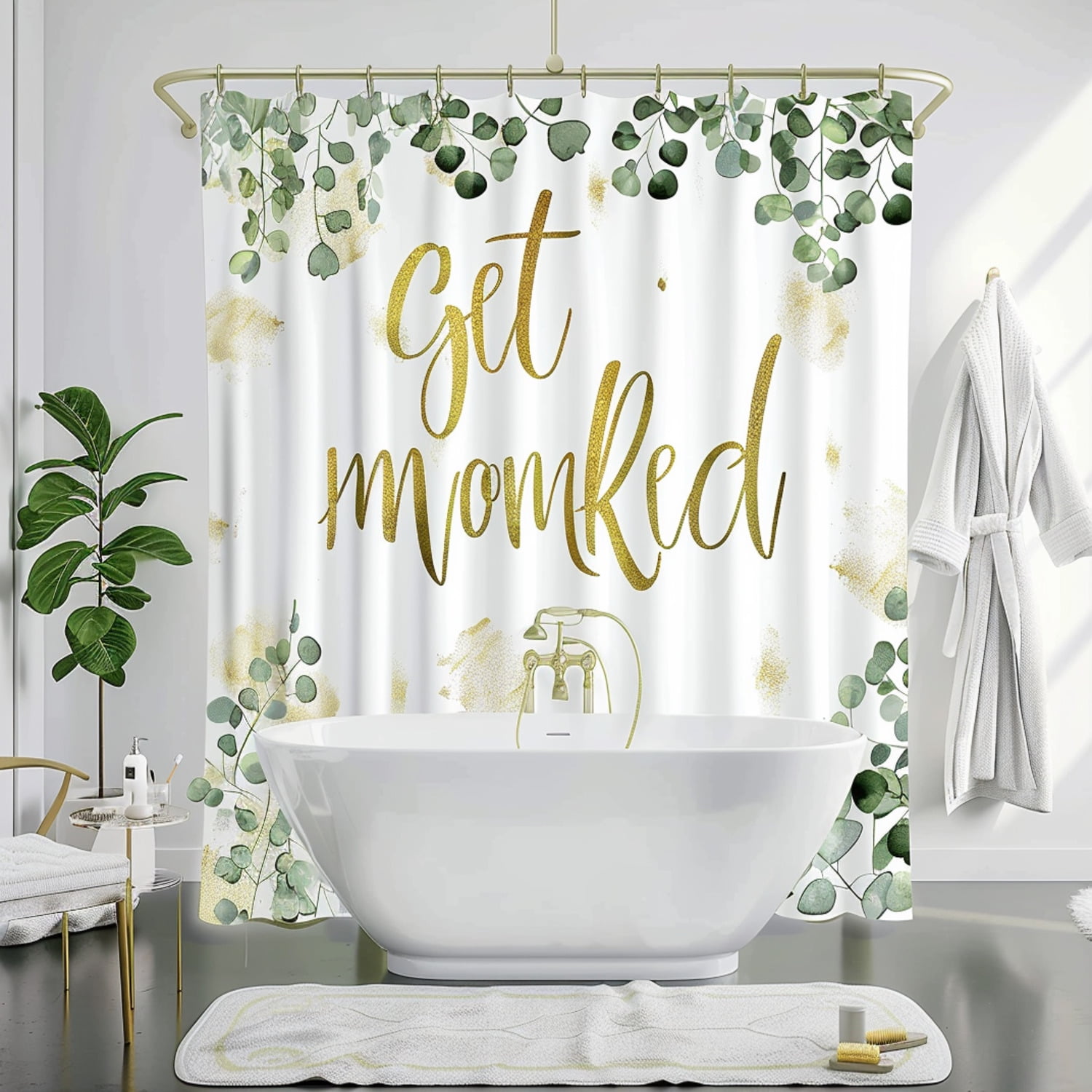 Boho Chic White And Gold Greenery Shower Curtain With Eucalyptus Leaves