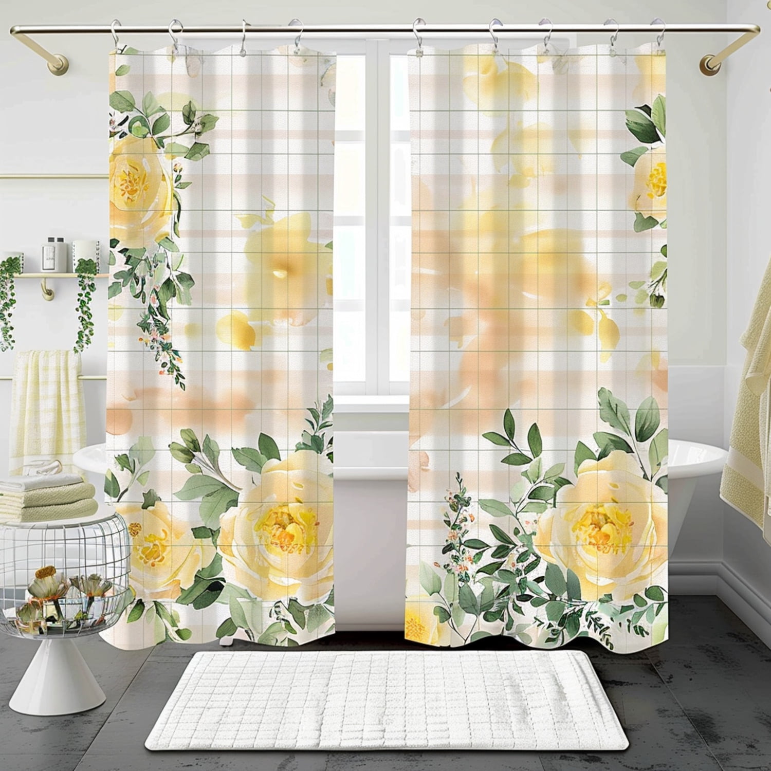 Boho Chic Yellow Plaid & Floral Shower Curtain with Greenery Peonies ...