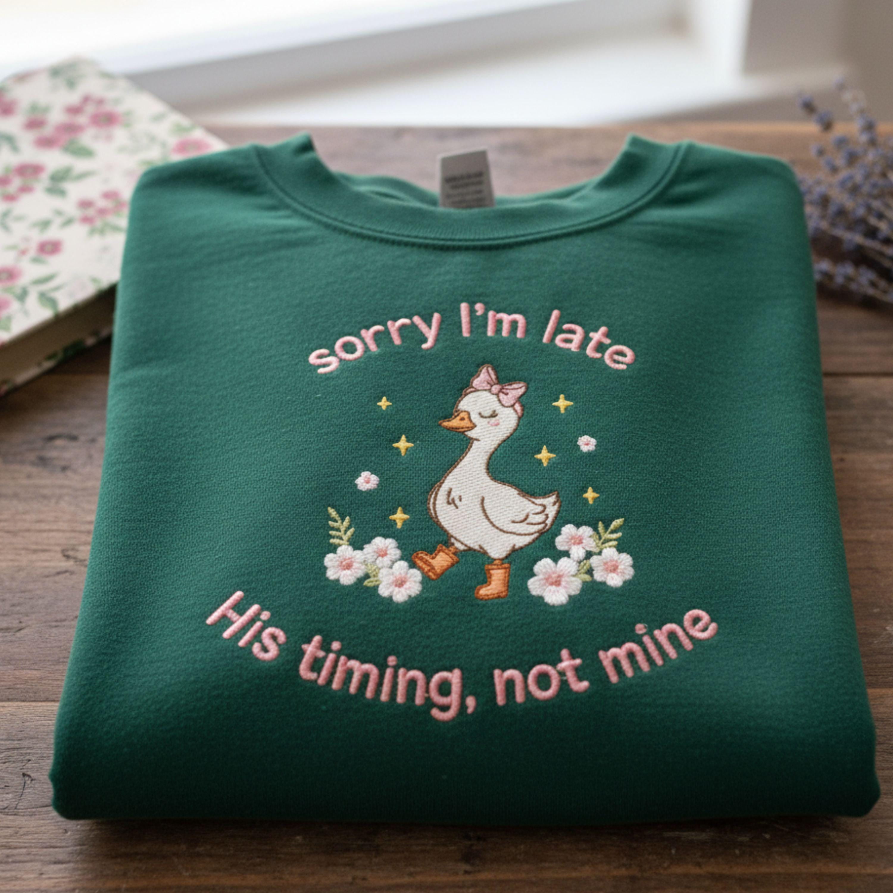 Boho Christian Goose Embroidered Sweatshirt, Coquette Sorry I'm Late ...