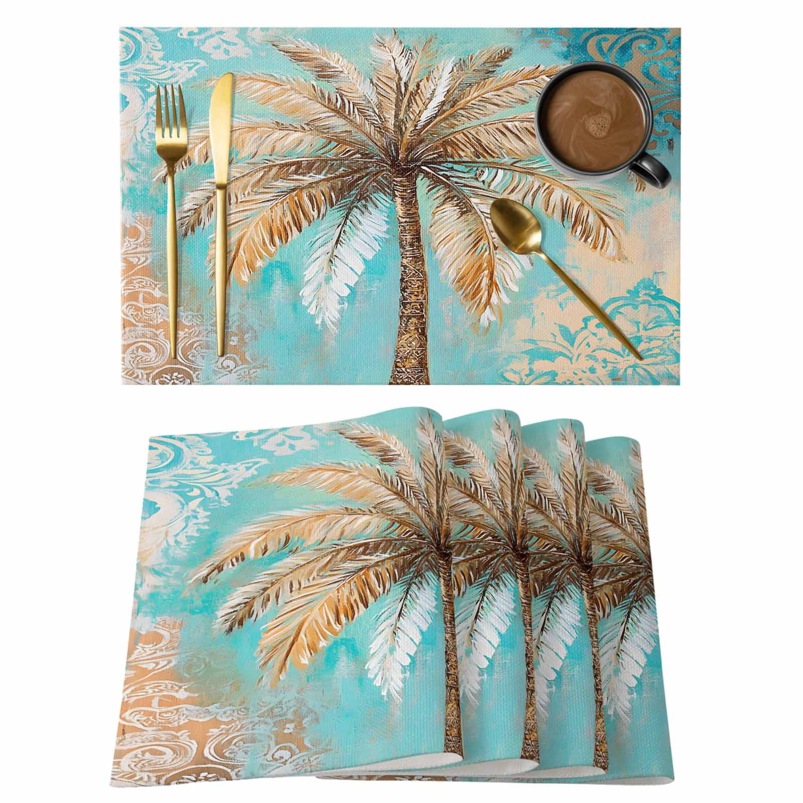 Boho Coastal Beach Placemats Set of 6 Tropical Ocean Coconut Flower ...