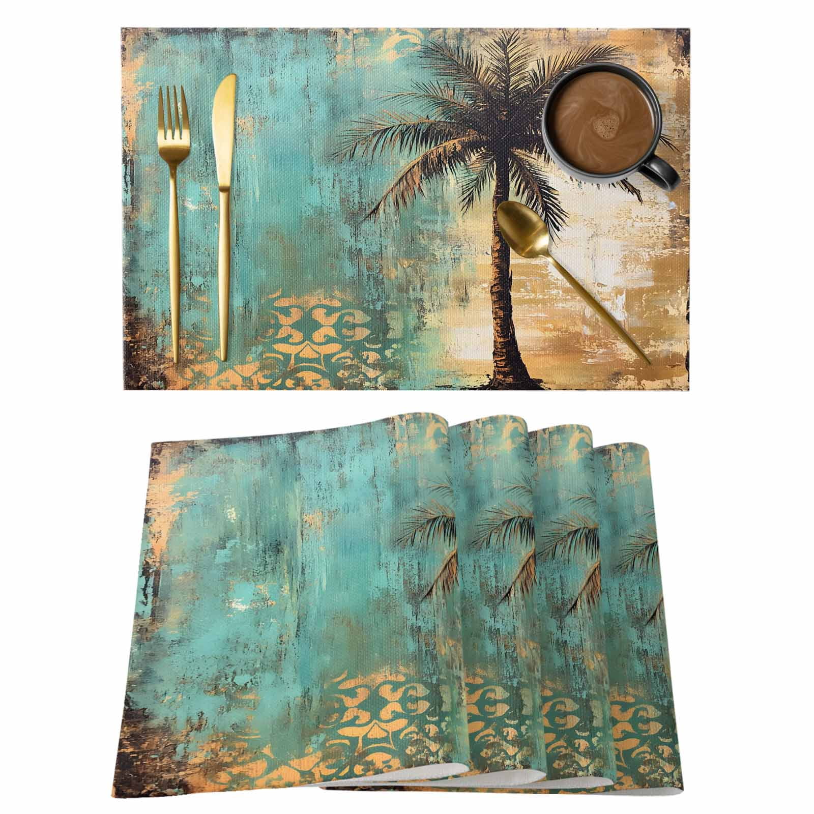 Boho Coastal Beach Placemats Set of 8 Summer Vintage Tropical Plant ...