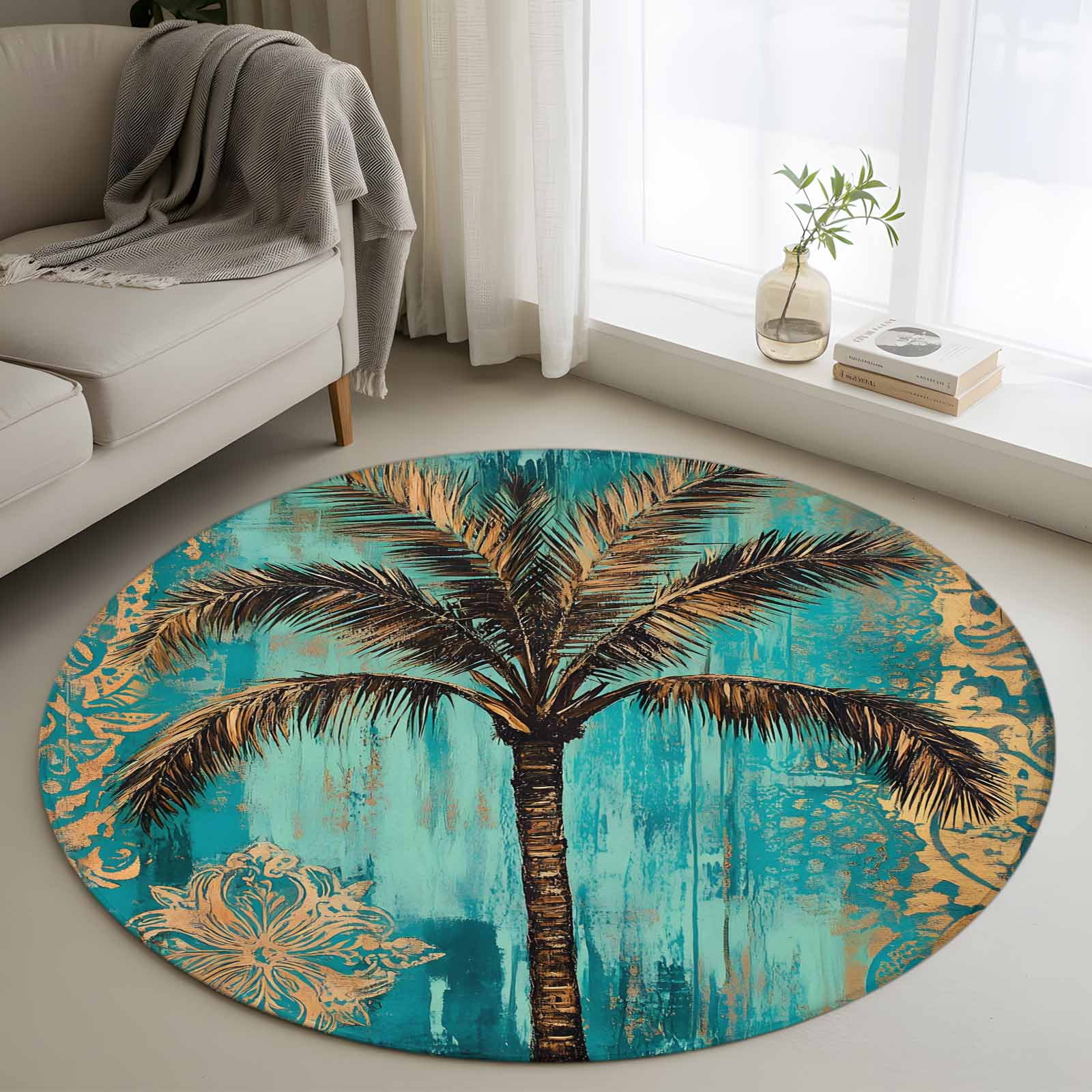 Boho Coastal Beach Round Area Rug 3 FT, Small Kitchen Bathroom Mats ...