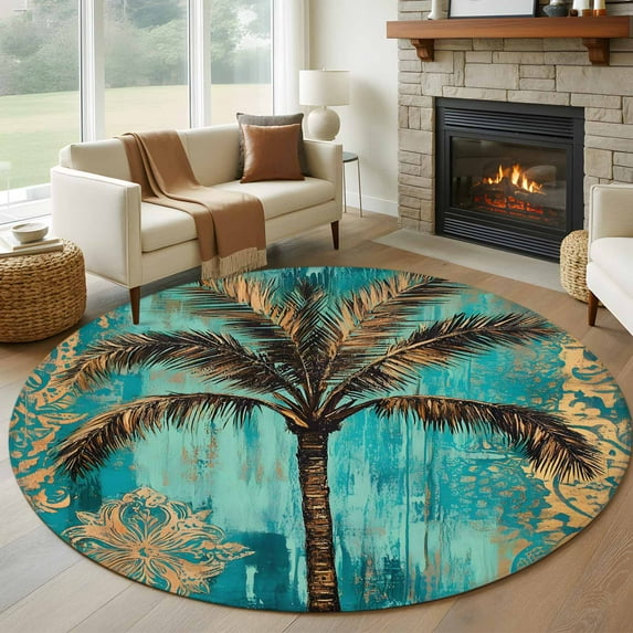 Boho Coastal Beach Round Area Rug 5 FT, Non Slip Bedroom Rugs, Summer ...