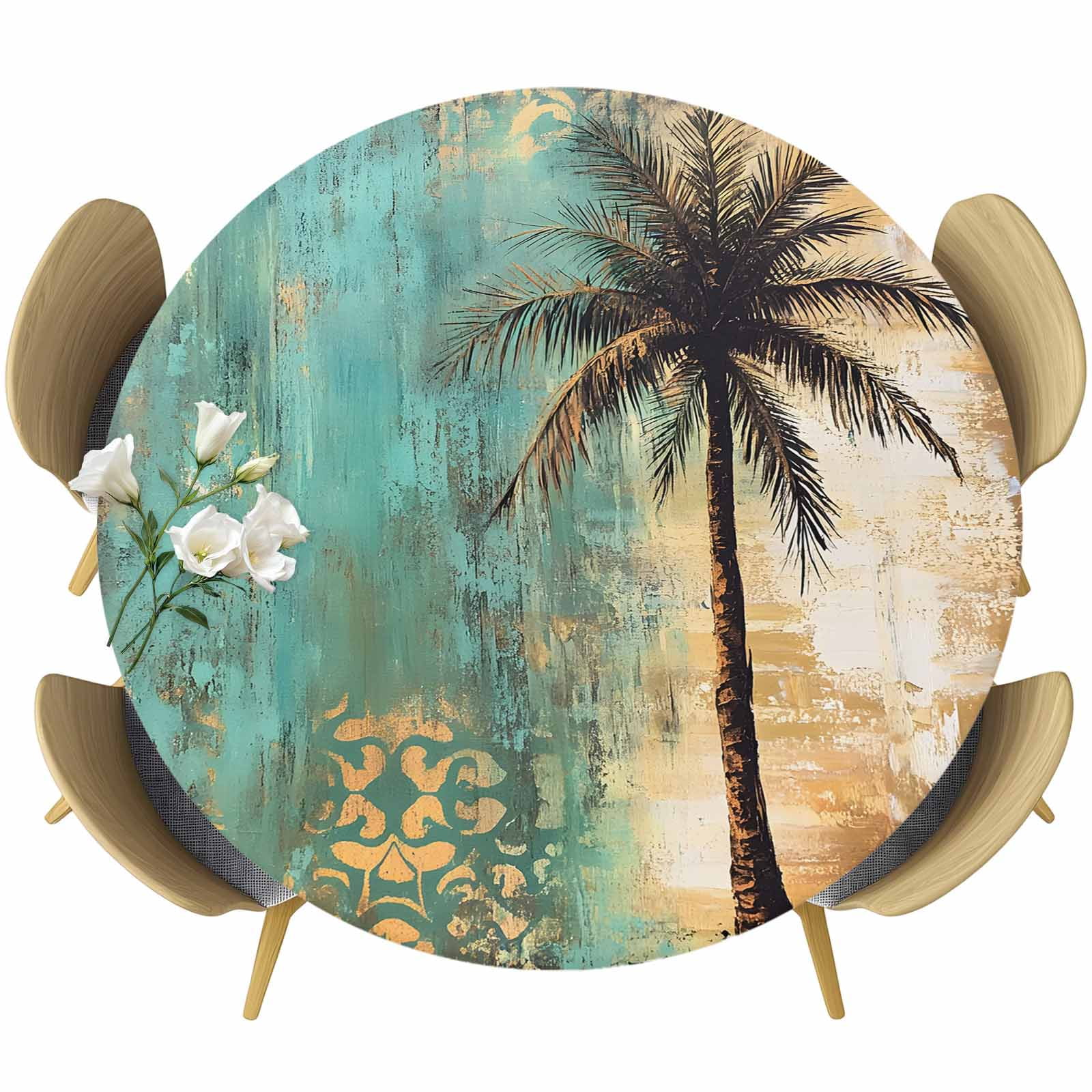 Boho Coastal Beach Round Tablecloth 55-60 Inch Round Fitted Table Cloth ...