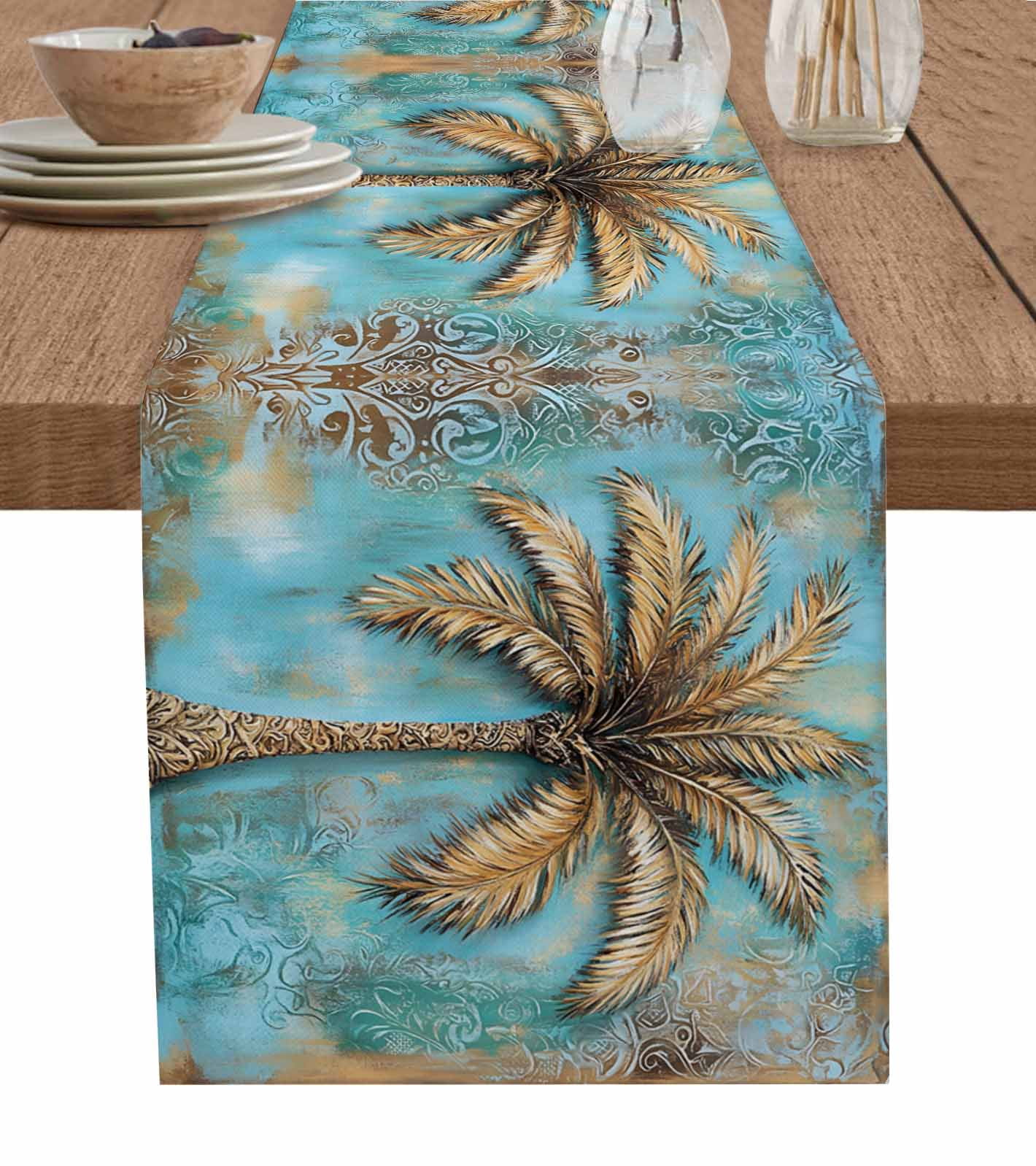 Boho Coastal Beach Table Runner 108 Inches, Tropical Coconut Tree Teal ...
