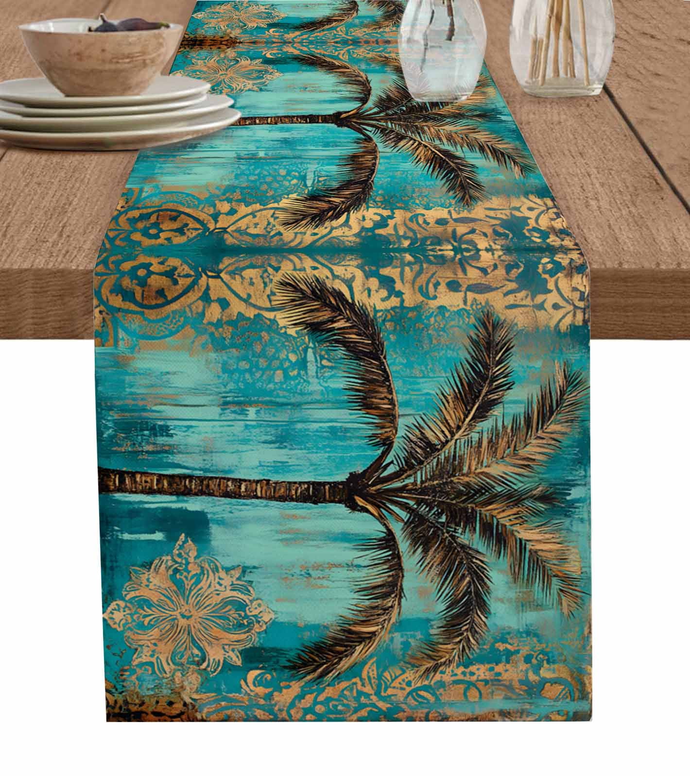 Boho Coastal Beach Table Runner 72 Inches, Summer Ocean Tropical Tree ...