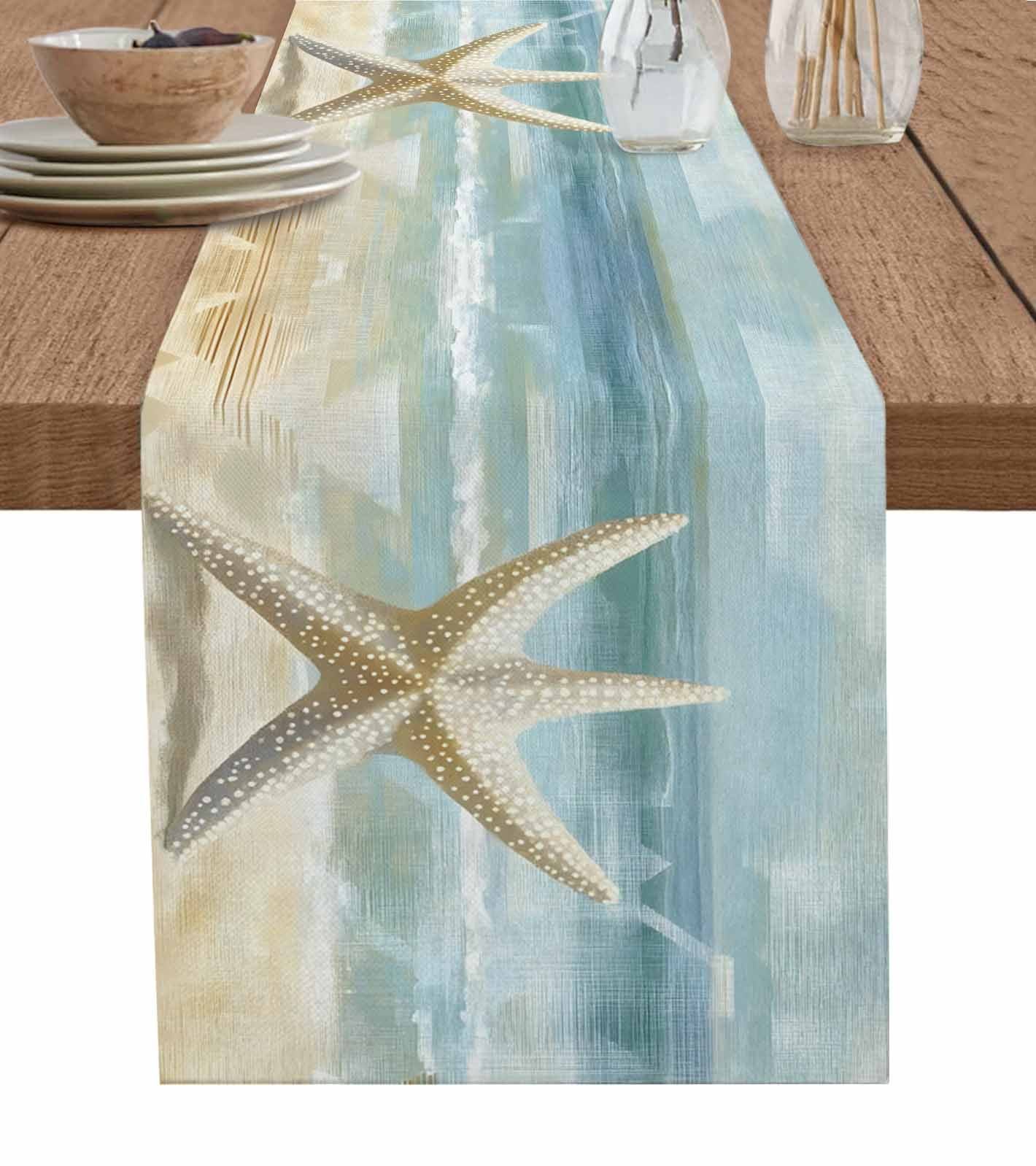 Boho Coastal Beach Table Runner 72 Inches, Vintage Ocean Wave Starfish ...