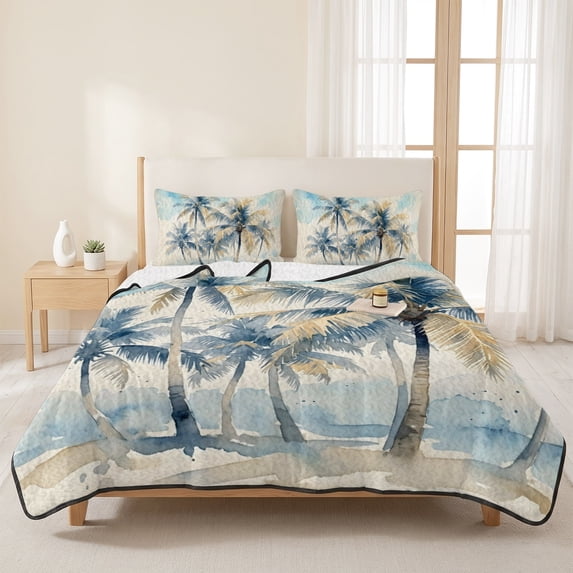 Boho Coastal Blue Palm Trees Beach 3 Pieces Quilt Set,1 Quilt with 2 ...