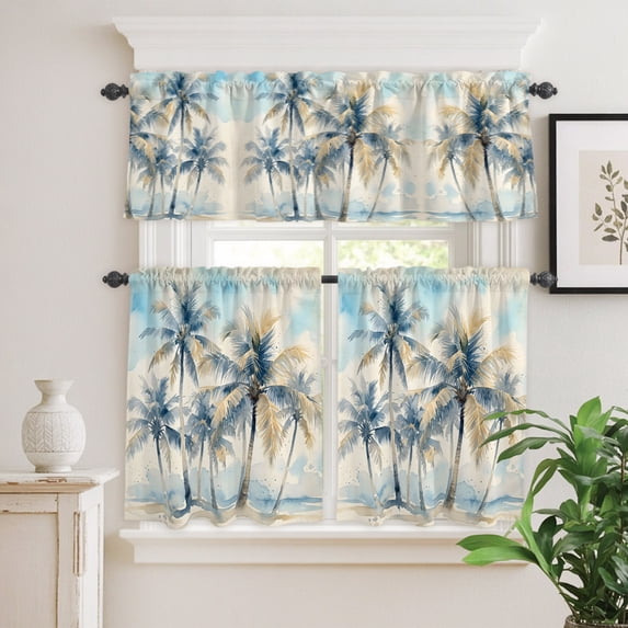 Boho Coastal Blue Palm Trees Beach Curtain Tier and Valance Set 3 Piece ...