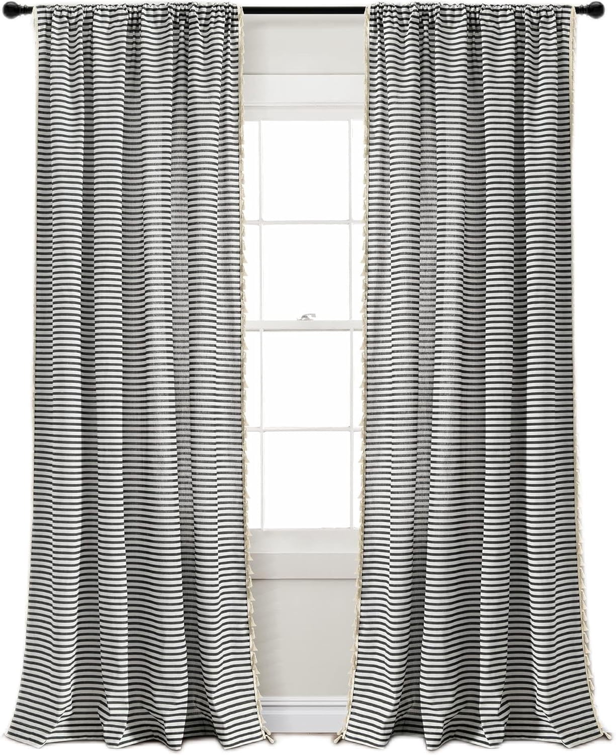Boho Coastal Horizontal Ticking Stripe Tassel Window Curtain Panel Pair ...