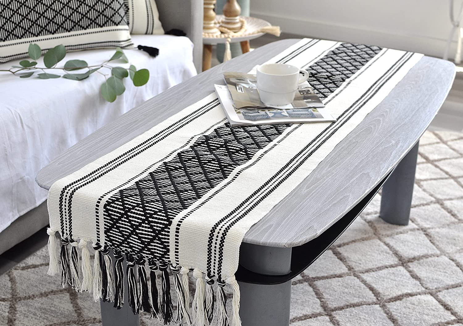 Boho Coffee Table Runner with Tassels 14x48 Inches, Black & Cream ...