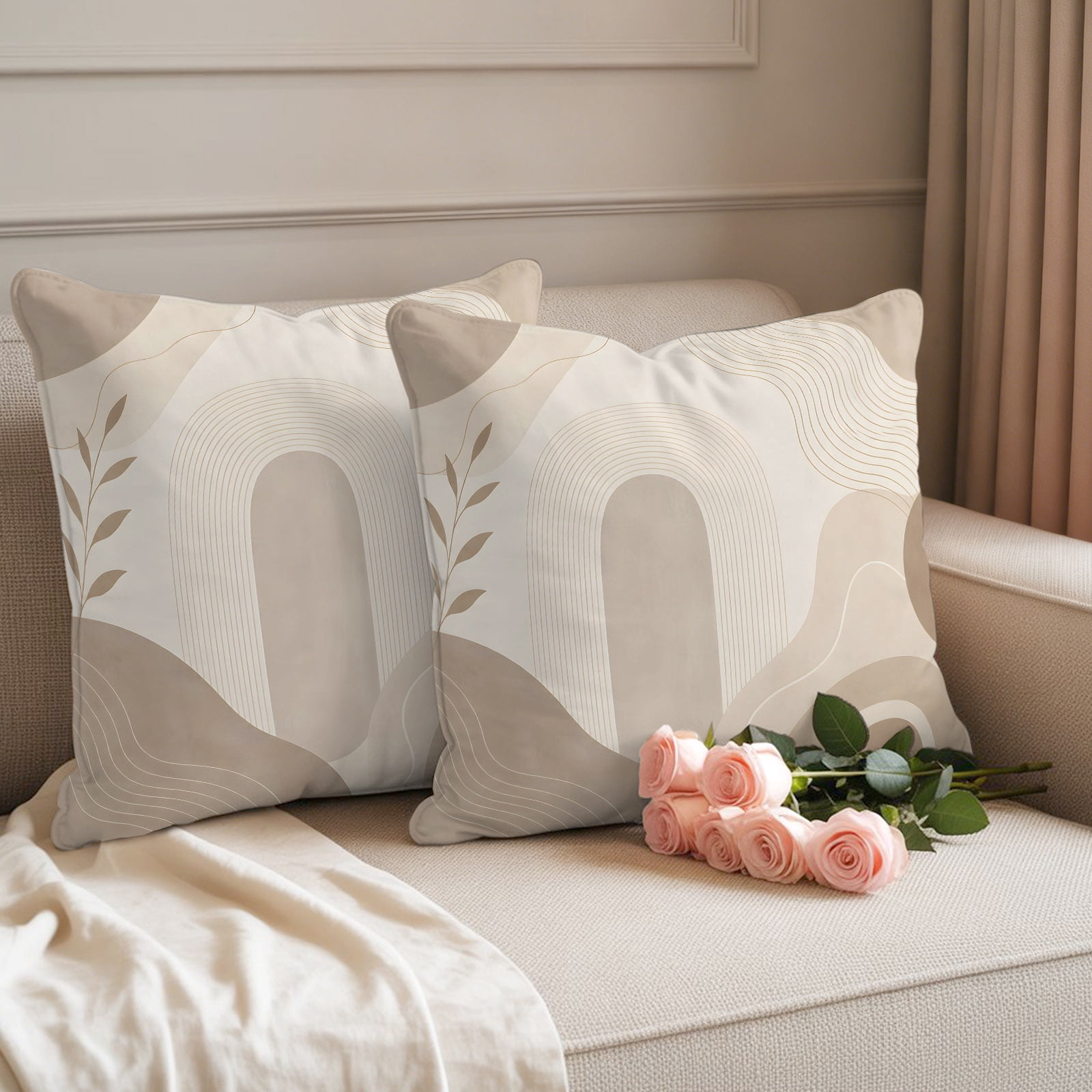 Boho Color Block Leaf Arch Stripe Waterproof Throw Pillow Covers Set of ...