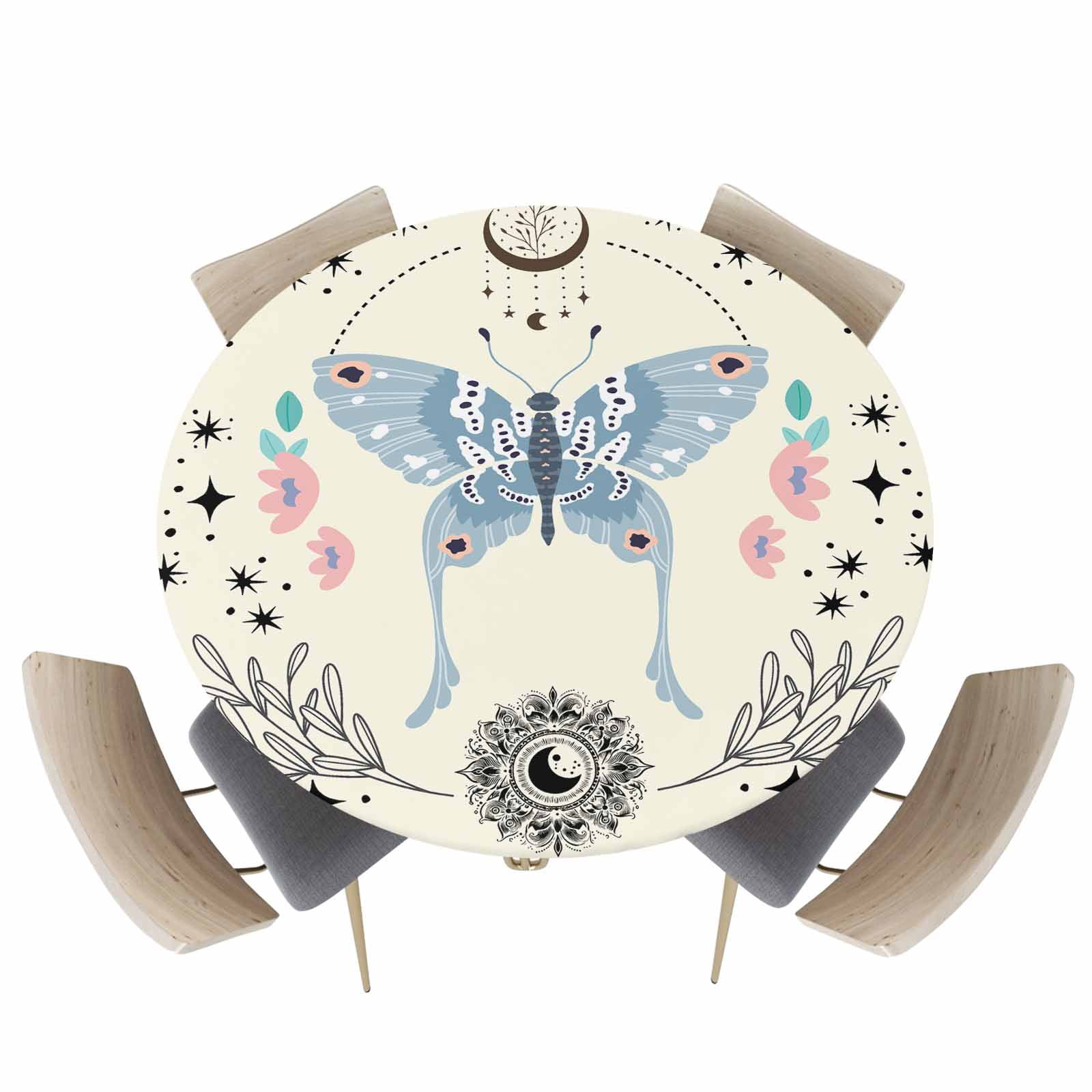 Boho Colorful Butterfly Botanical Leaves Fitted Tablecloth for 55-60in ...