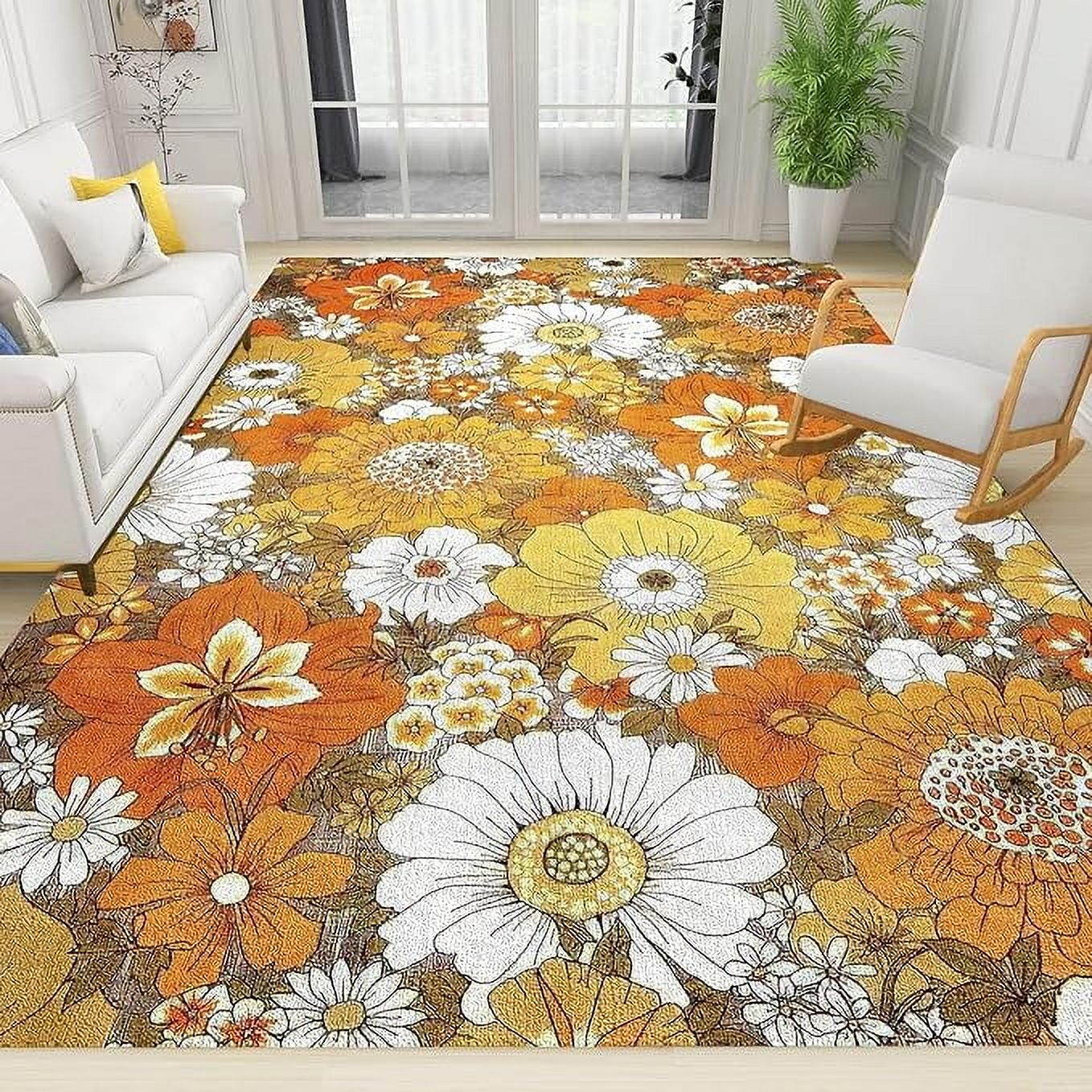 Boho Colorful Floral Area Rug, Modern Abstract White Yellow Daisy Area ...