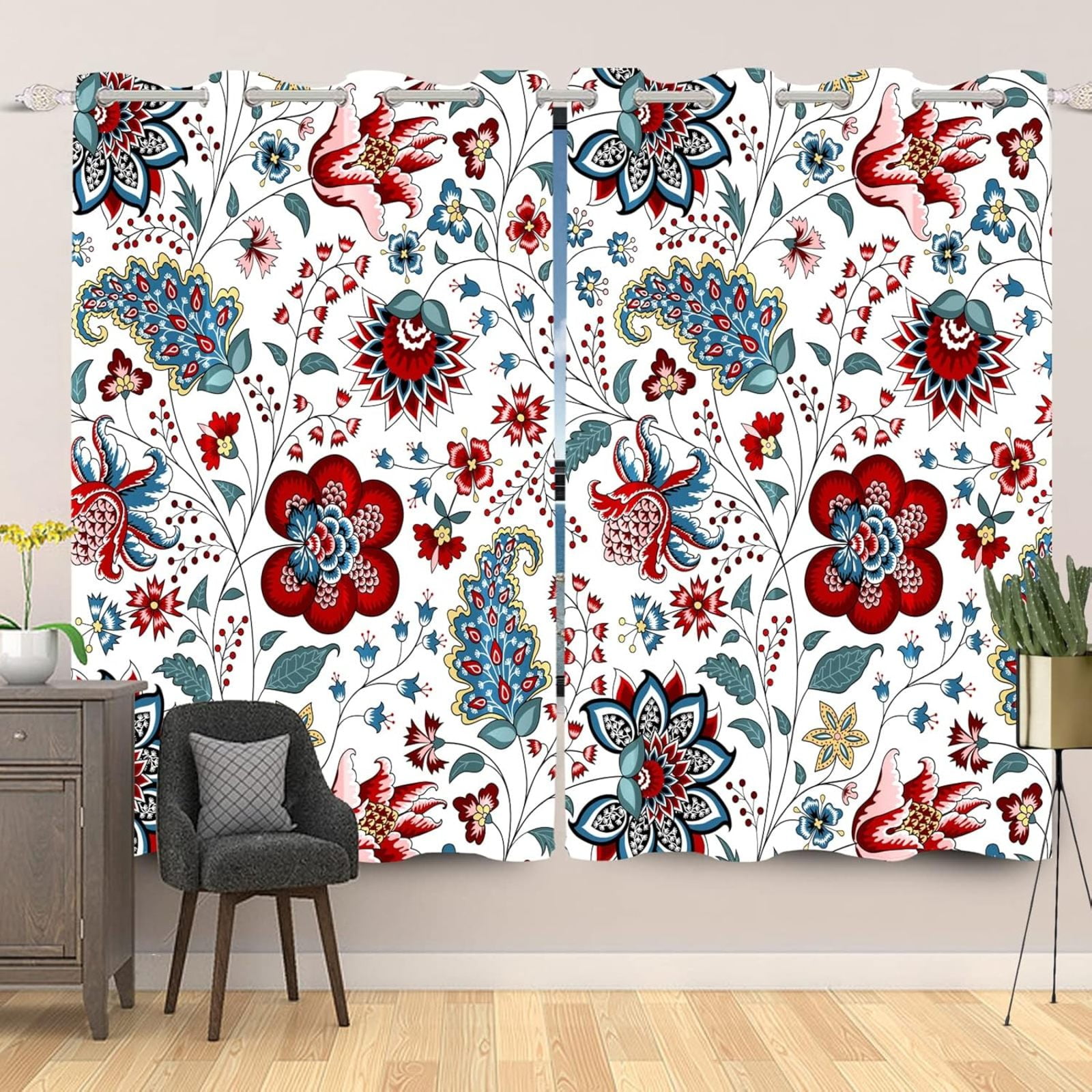 Boho Colorful Floral Blackout Curtains Paisley Flower Plant Printing ...