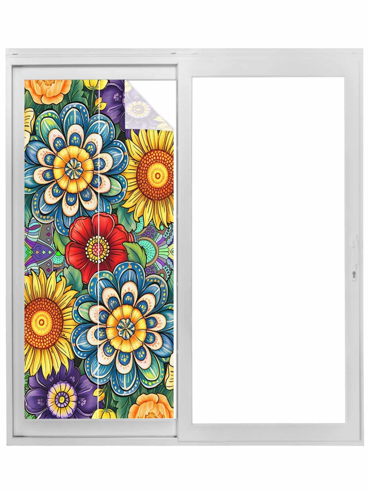 Boho Colorful Floral Window Privacy Film, Spring Flower Botanical ...