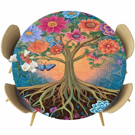 Boho Colorful Flower Round Tablecloth, Fitted Table Cover with Elastic ...